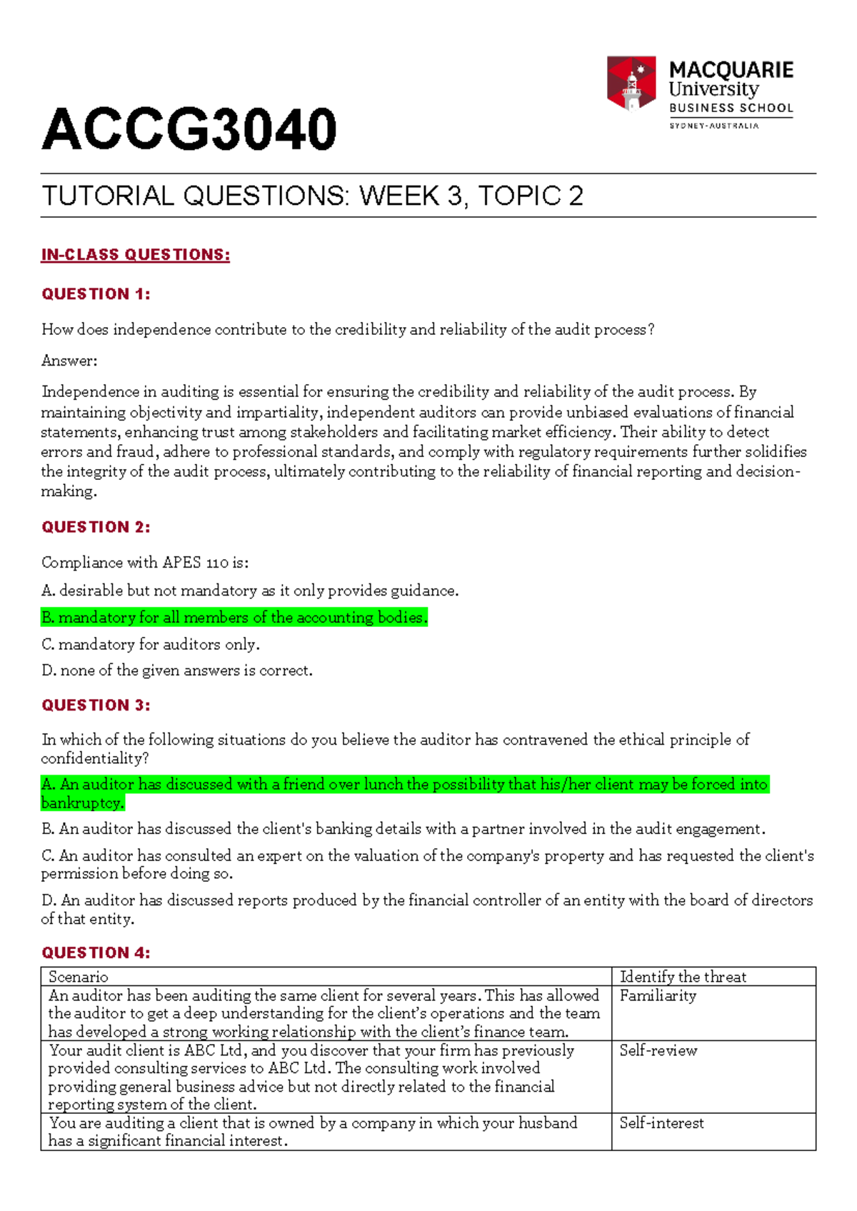 Tutorial Questions W2 solutions - ACCG TUTORIAL QUESTIONS: WEEK 3 ...