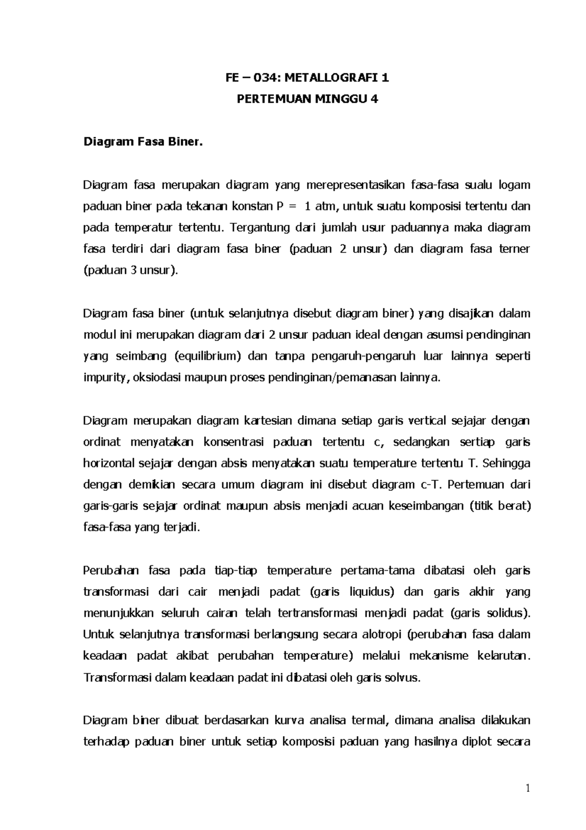 FE033 Sem 3 Minggu 4 Diagram Biner - FE – 034: METALLOGRAFI 1 PERTEMUAN ...
