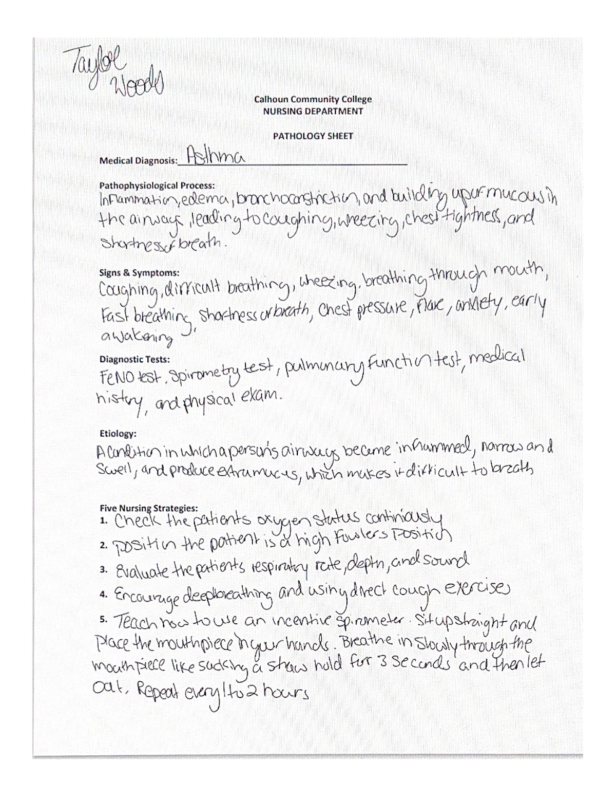 Asthma patho sheet - NUR113 - Studocu