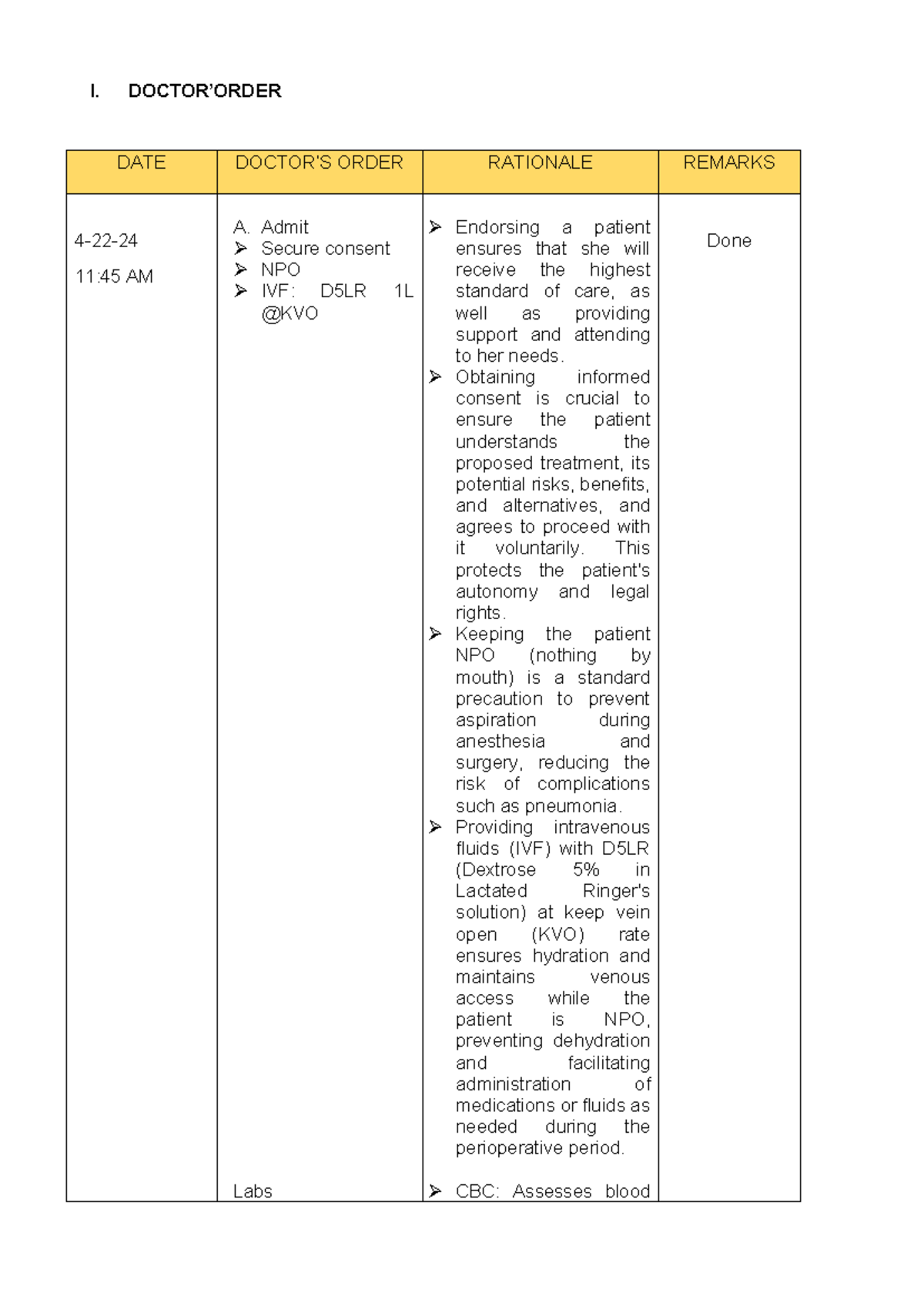DO - Doctors Order - I. DOCTOR’ORDER DATE DOCTOR’S ORDER RATIONALE ...