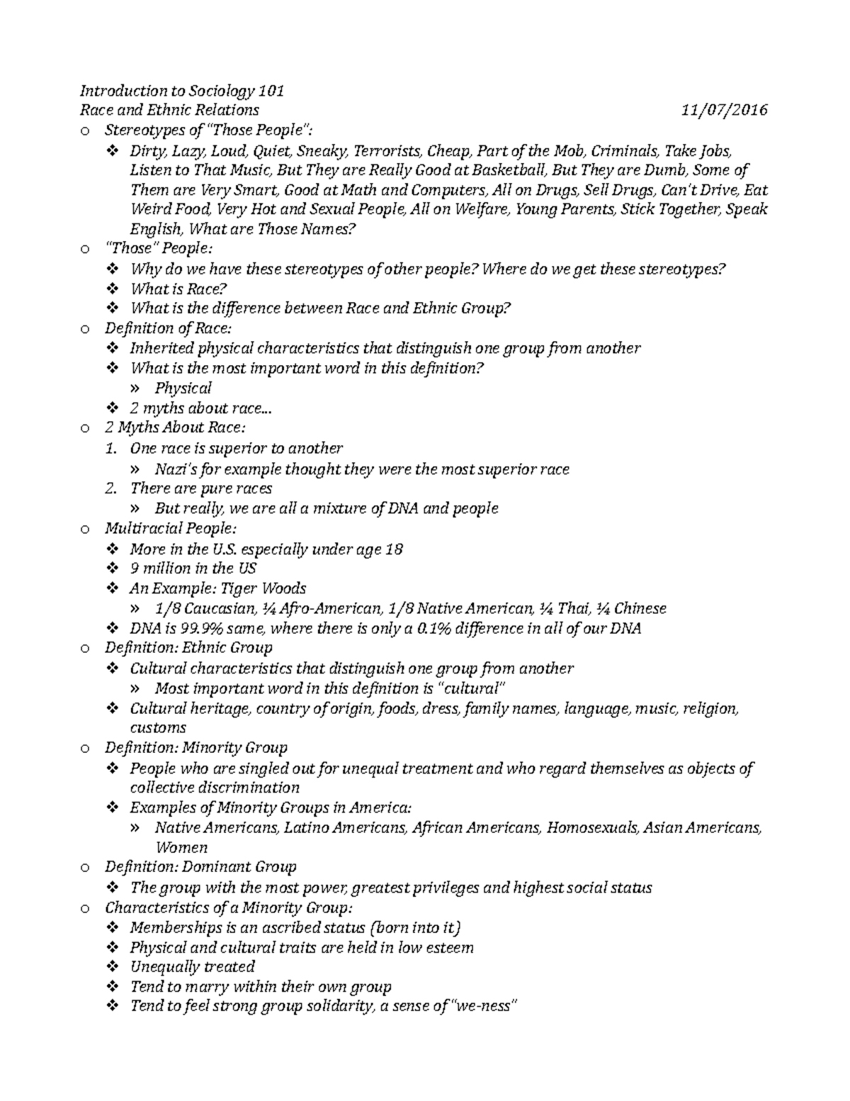 SO 101 - Introduction to Sociology - Race and Ethnic Relations Notes ...