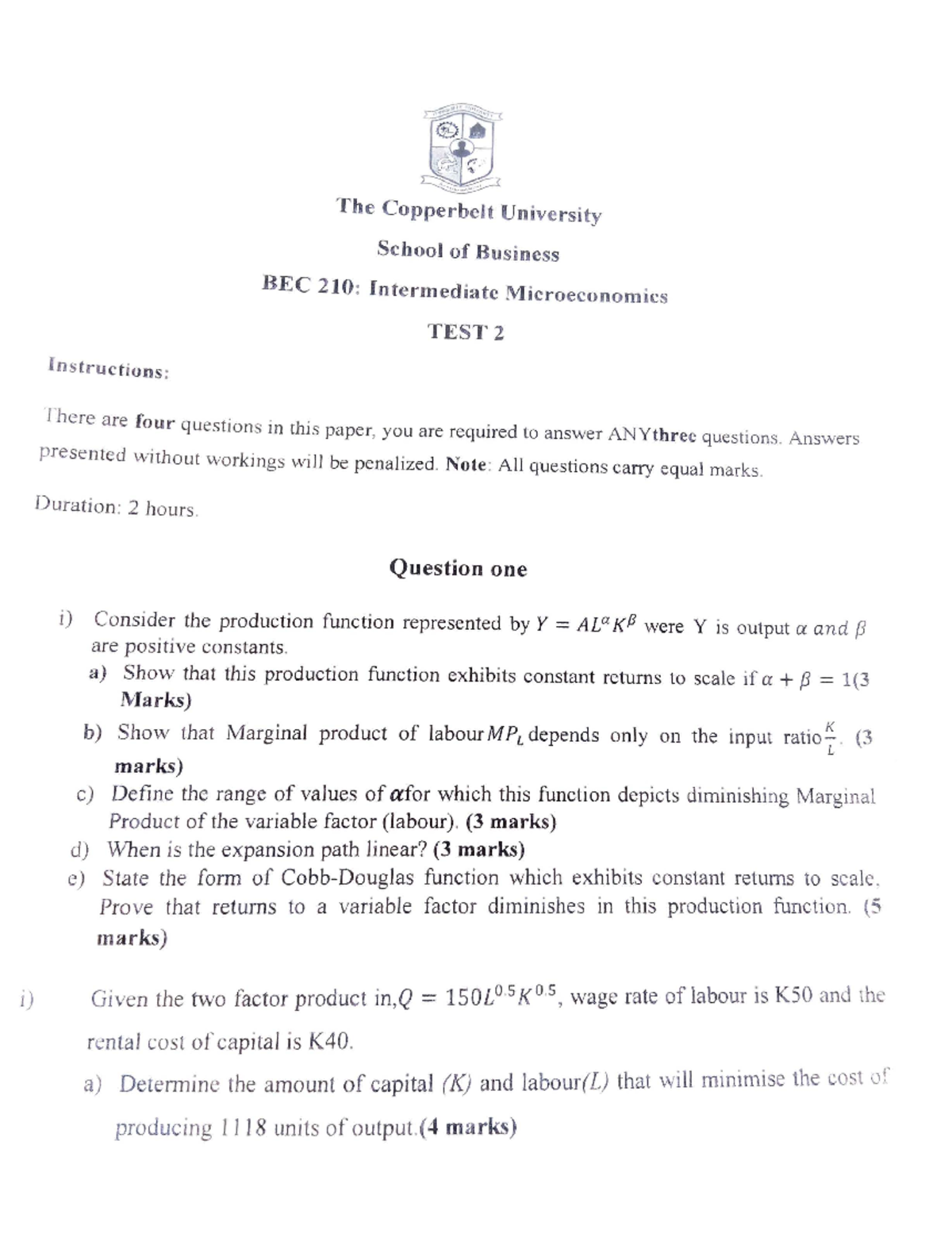 BEC 210 Past papers - Intermediate Microeconomics past paper covering ...