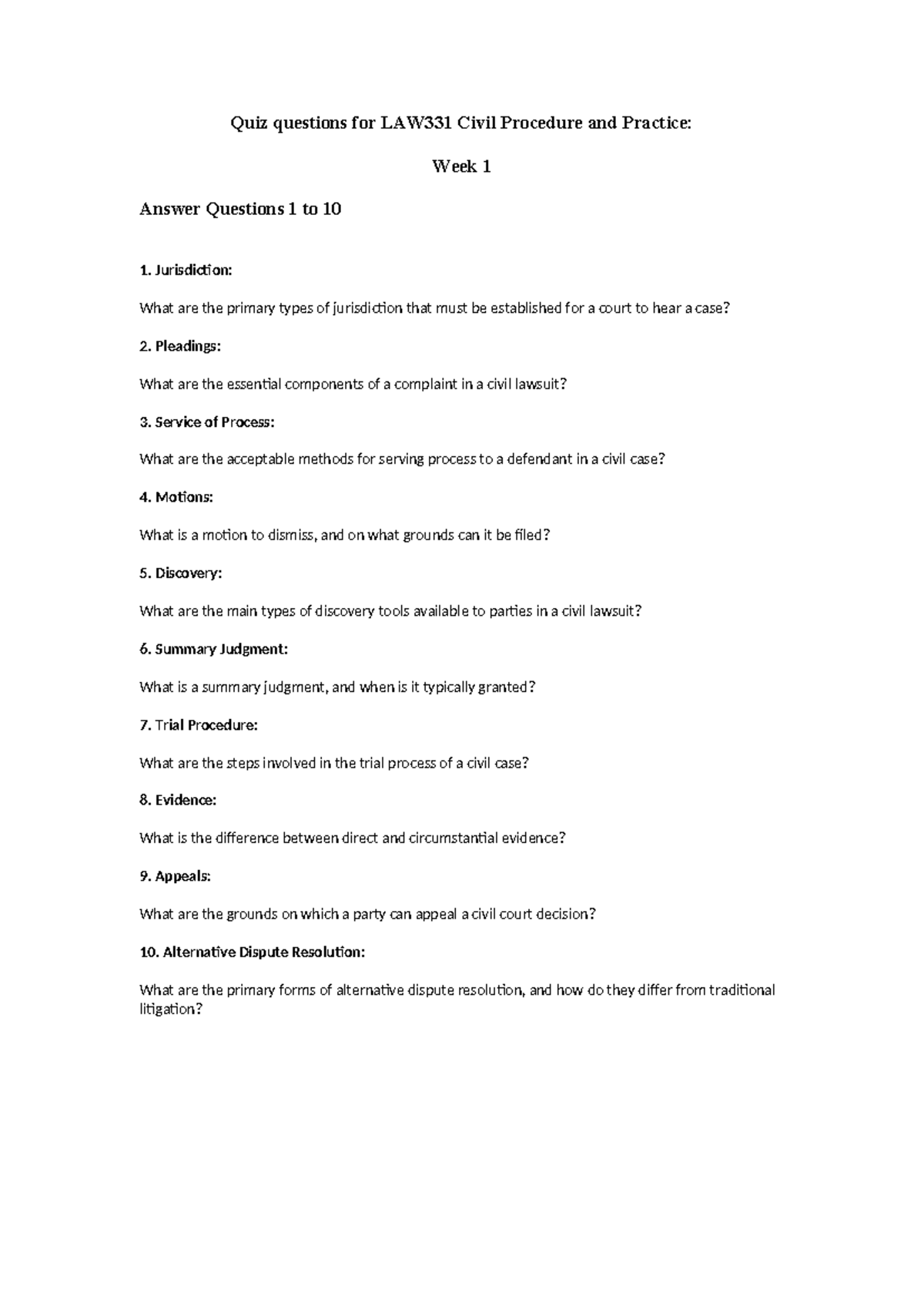 WEEK 1 Quiz questions for LAW331 Civil Procedure and Prac - Quiz ...