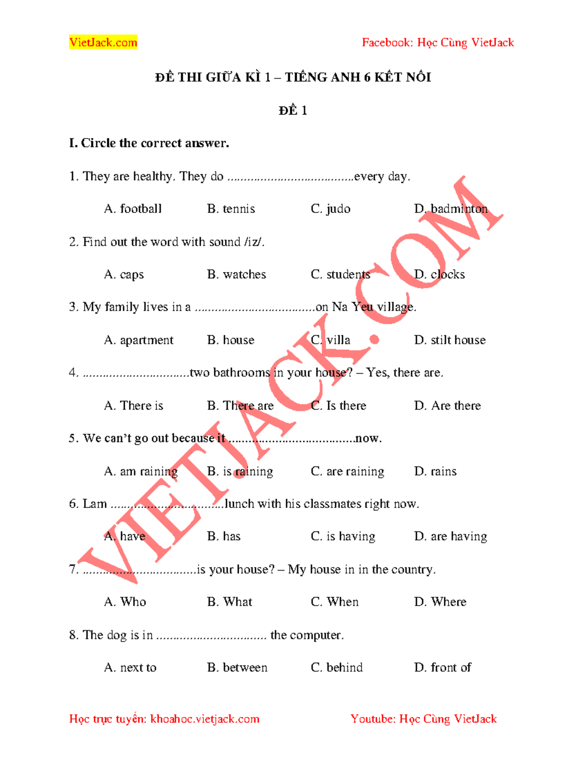 De thi giua ki 1 tieng anh lop 6 co dap an ket noi tri thuc - ĐỀ THI GIỮA KÌ 1 – TIẾNG ANH 6 KẾT ...