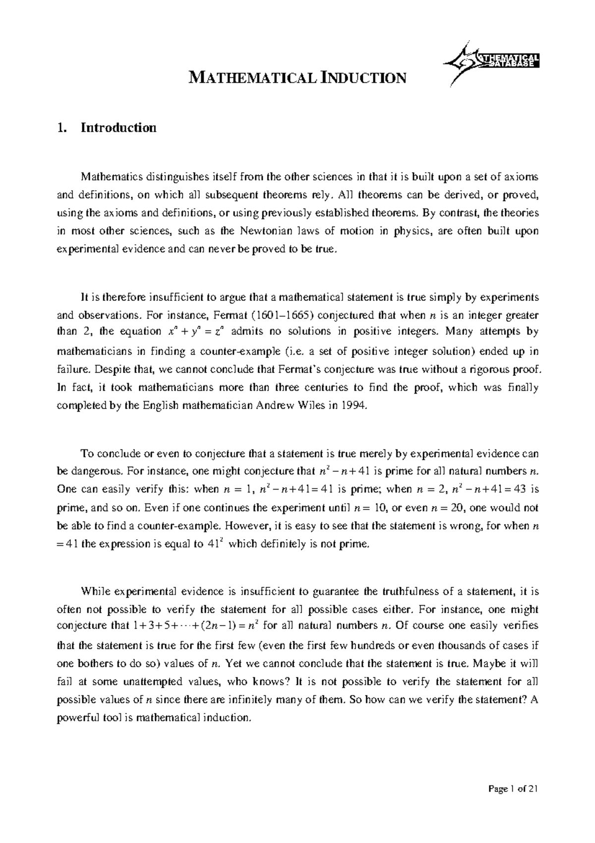 Induction Notes - MATHEMATICAL INDUCTION 1. Introduction Mathematics ...