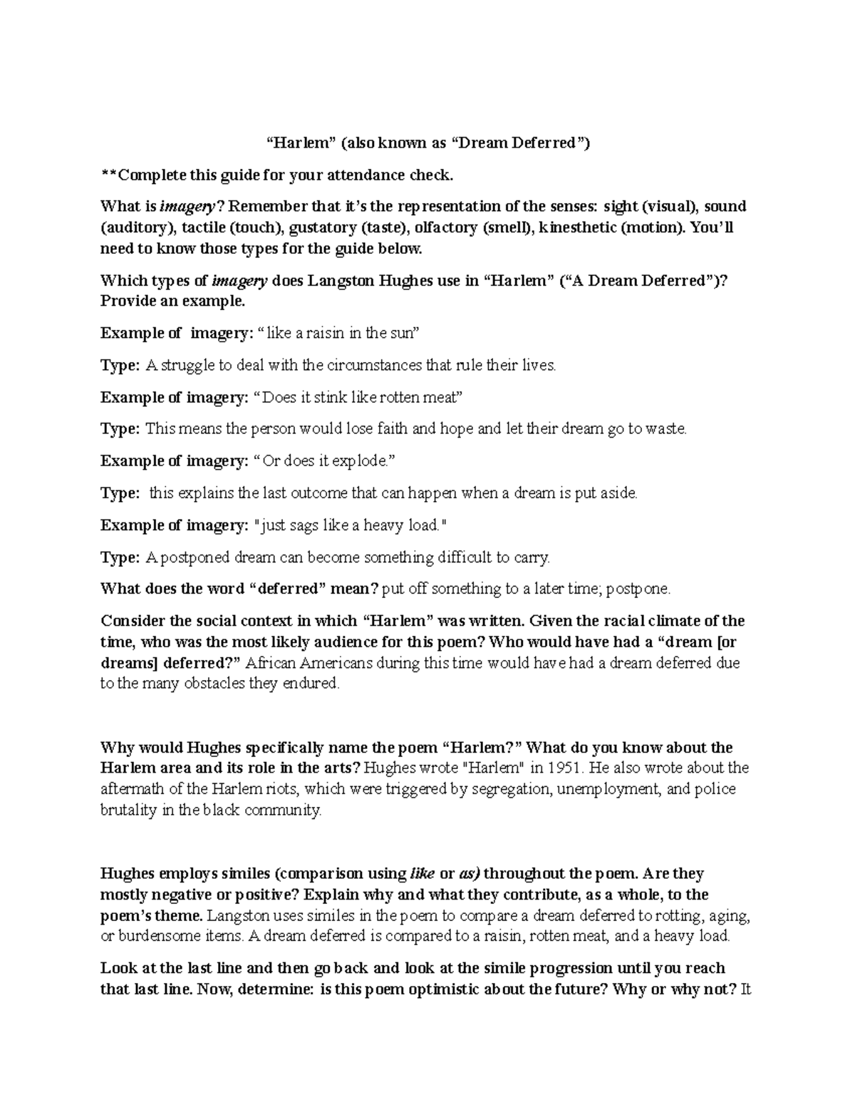 “Harlem” (also known as “Dream Deferred”) - “Harlem” (also known as ...