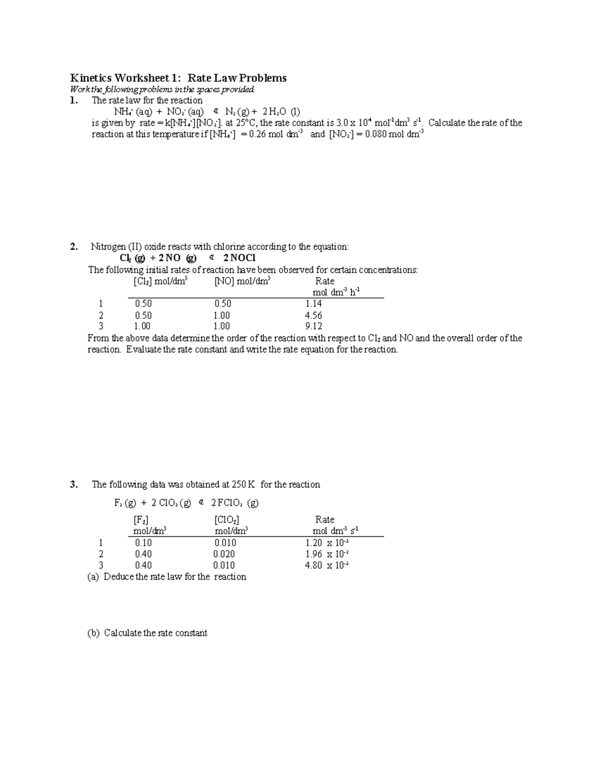 Kinetics Worksheet 1- rate law - Kinetics Worksheet 1: Rate Law ...
