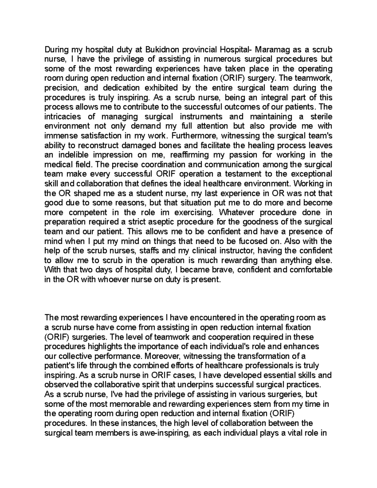 OR reflective journal - During my hospital duty at Bukidnon provincial ...