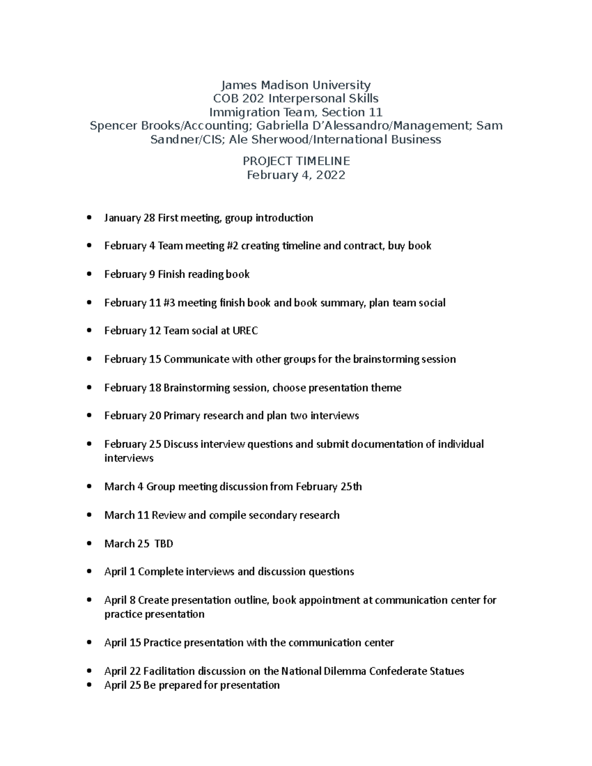 202 Project Timeline - James Madison University COB 202 Interpersonal ...