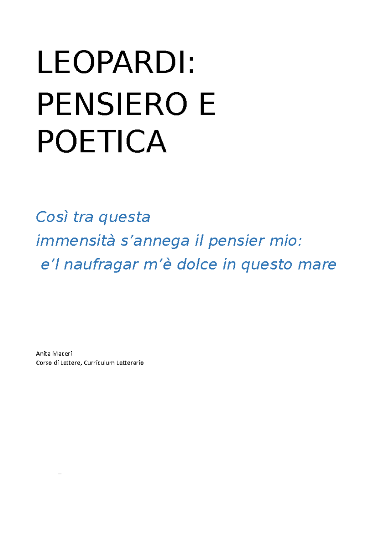 Leopardi - riassunto - LEOPARDI: PENSIERO E POETICA Così tra questa ...