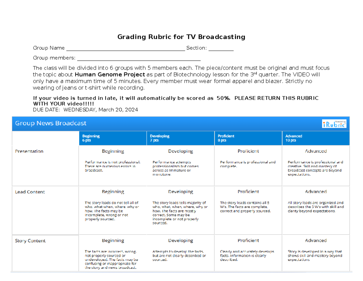 Grading Rubric for TV Broadcasting - The piece/content must be original ...