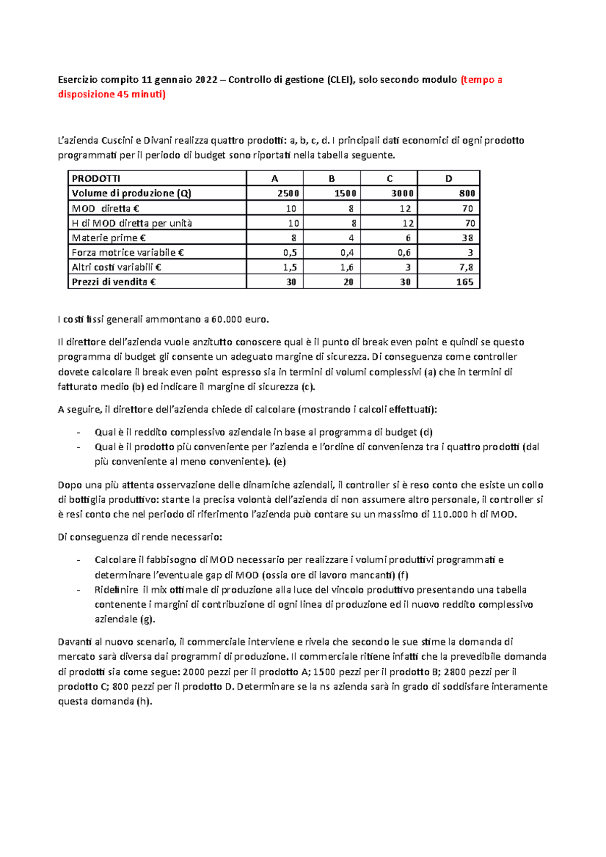 Compito solo secondo modulo CLEI - Esercizio compito 11 gennaio 2022 – Controllo di gestione ...