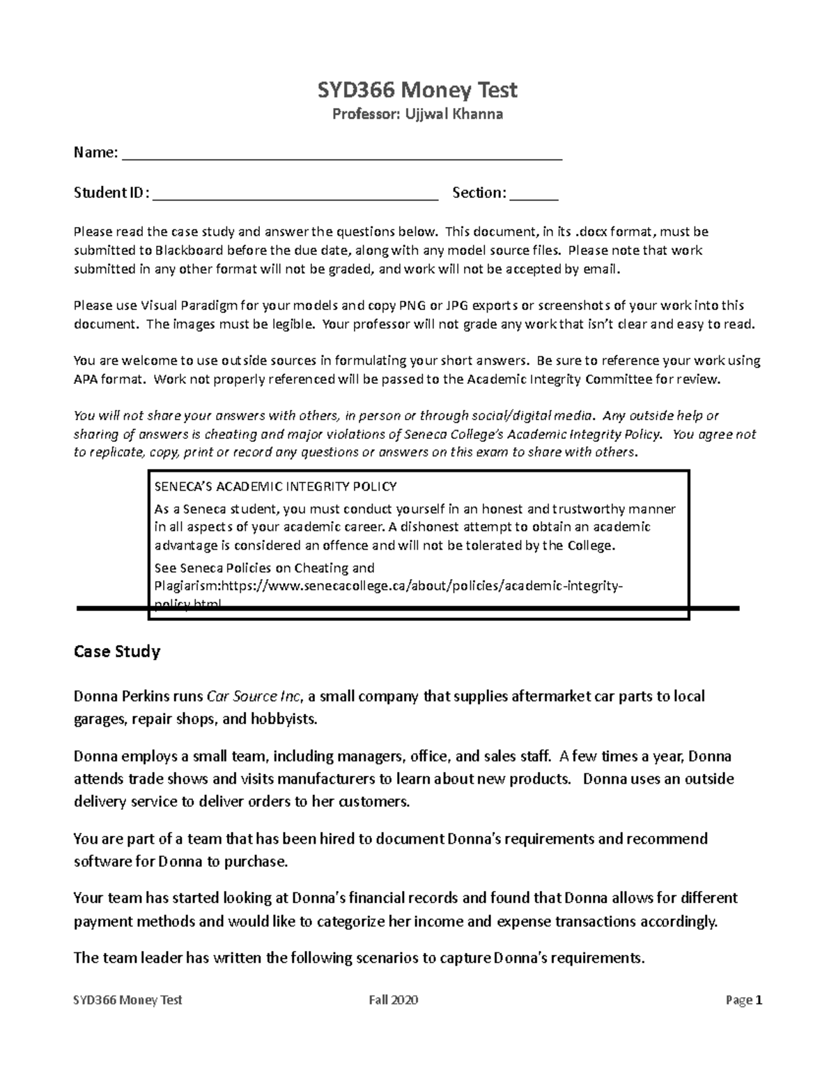 SYD366 Money Test 2023 - SYD366 Money Test Fall 2020 Page 1 SYD366 ...