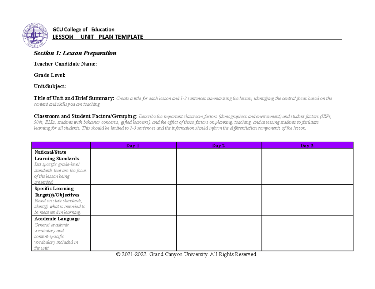 3-day unit plan template - Section 1: Lesson Preparation Teacher ...