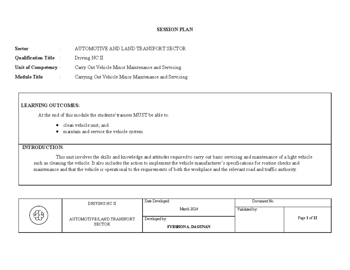 Session Plan - DRIVING NC II AUTOMOTIVE/LAND TRANSPORT SECTOR Date ...