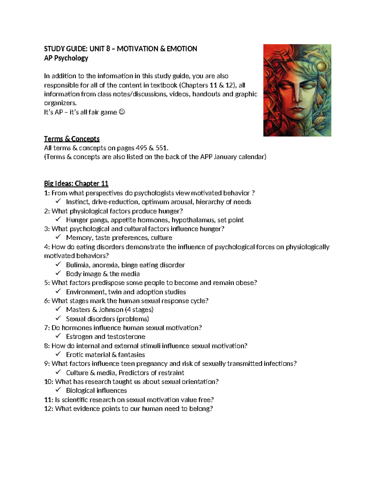UNIT 8 Study Guide 1112 - STUDY GUIDE: UNIT 8 – MOTIVATION & EMOTION AP ...