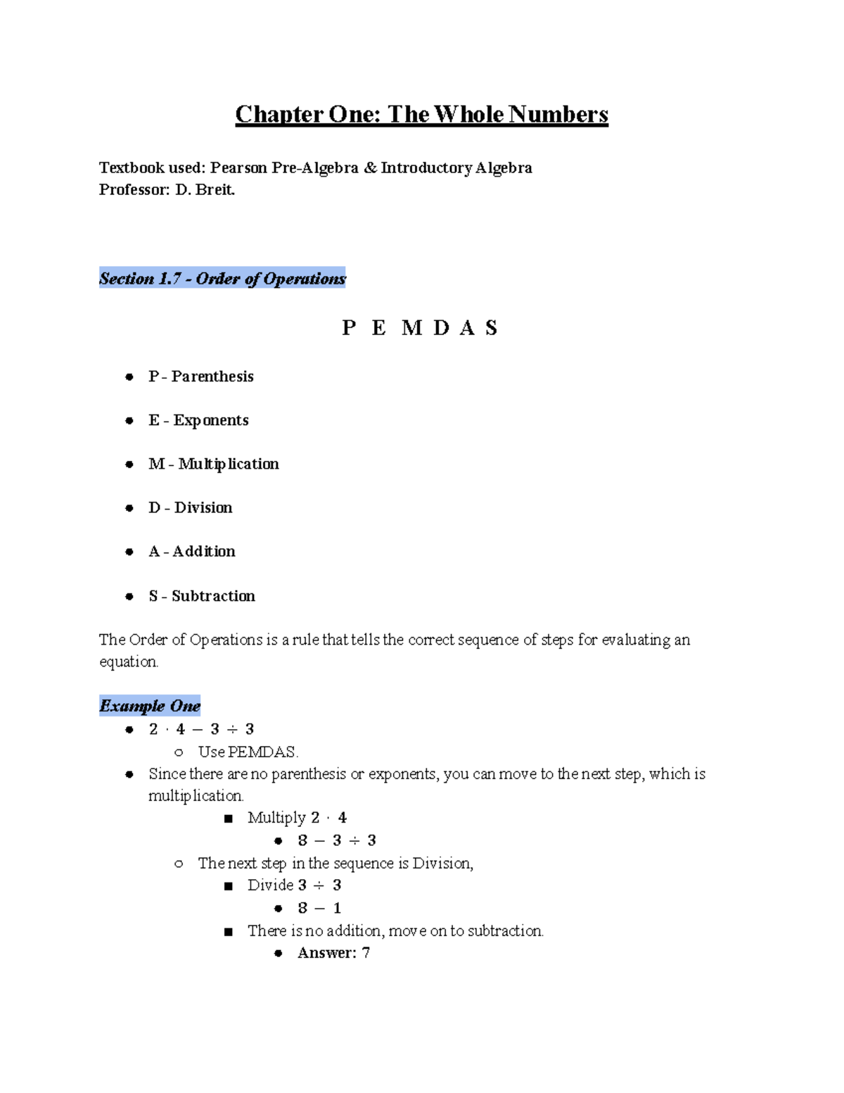 Dev. Math: Chapter One,Section 1.7 -Order of Operations - Chapter One ...