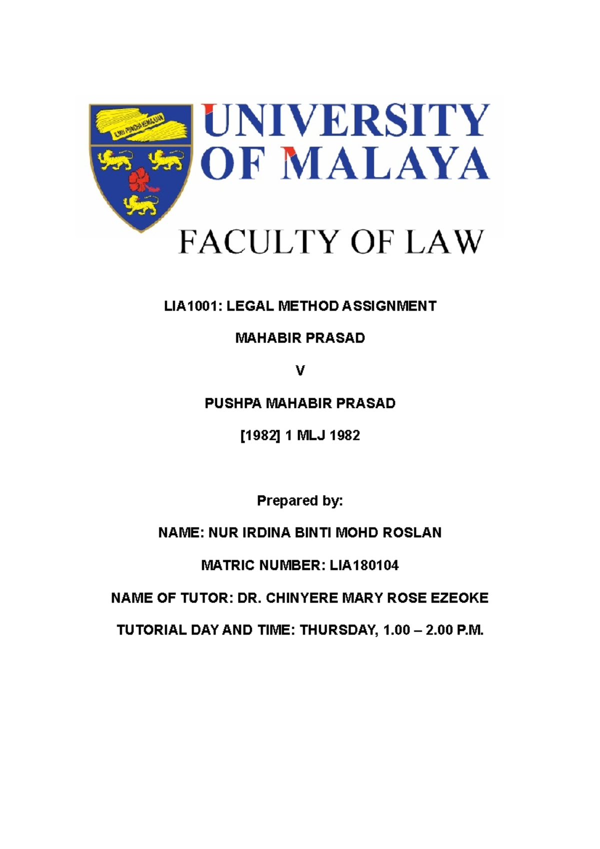 Case Note Of Mahabir Prasad V Mahabir Prasad Lia1001 Legal Method Assignment Mahabir Prasad