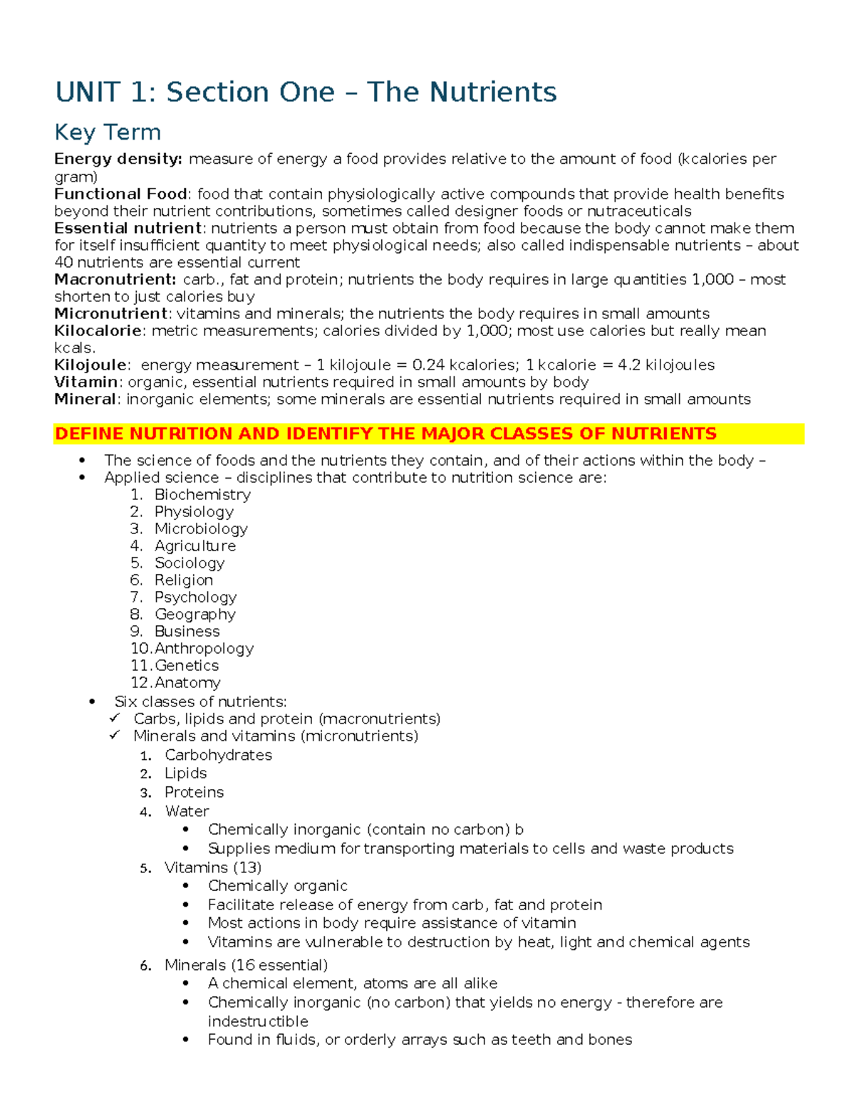 Nutr330 Unit 1 Study Notes - UNIT 1: Section One – The Nutrients Key ...
