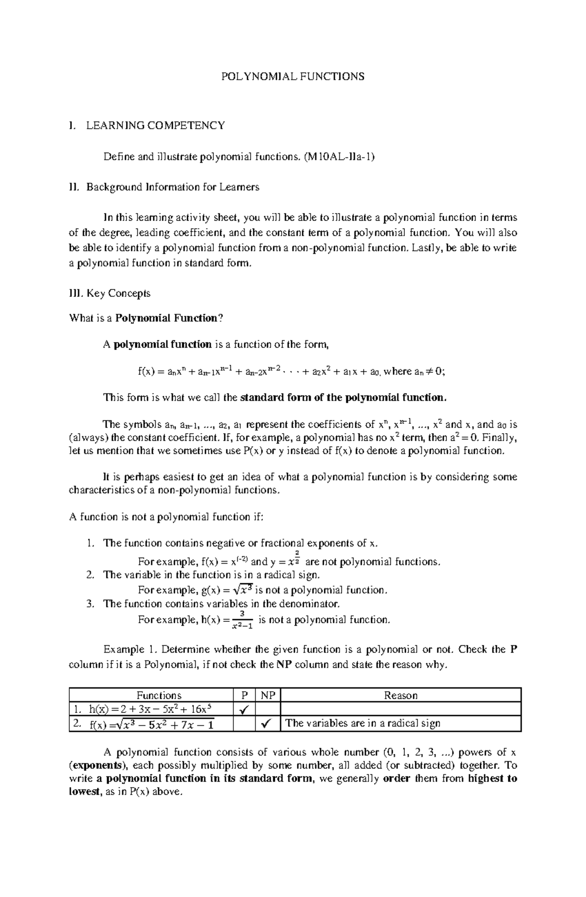 Polynomial Functions - LAS - POLYNOMIAL FUNCTIONS I. LEARNING ...