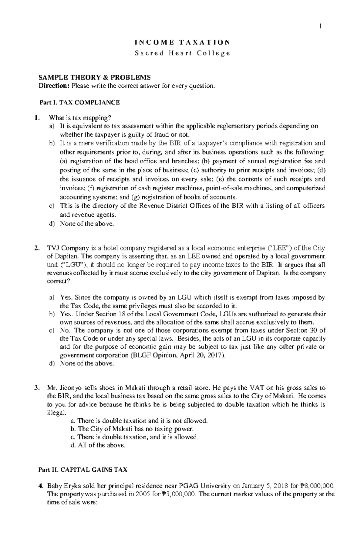 Prelim - Sample Problems - I N C O M E T A X A T I O N S a c r e d H e ...