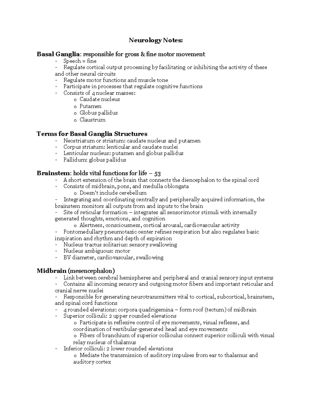 Neurology Notes - Neurology Notes: Basal Ganglia : responsible for ...