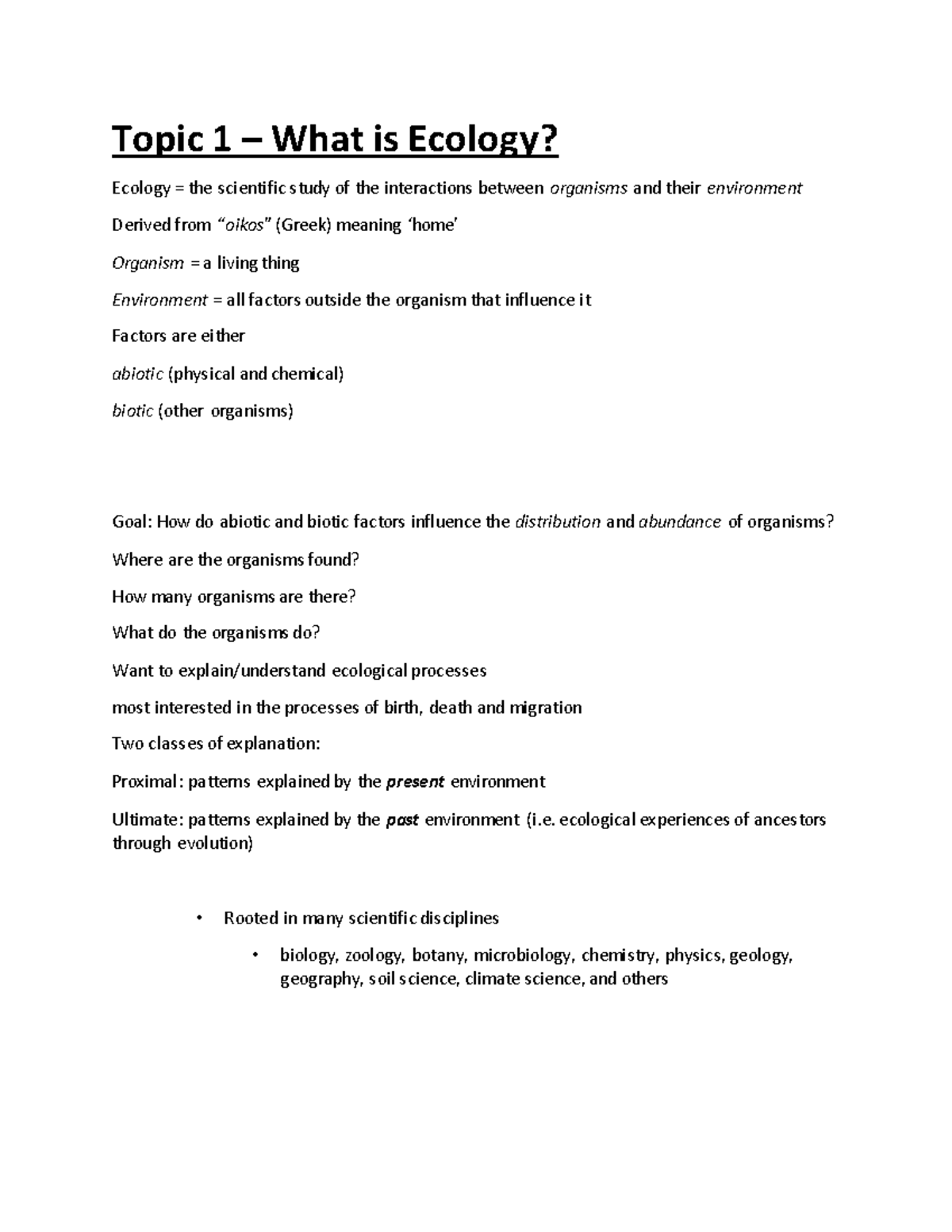 Topic 1 - Intro - lecture 1 notes - Topic 1 – What is Ecology? Ecology ...