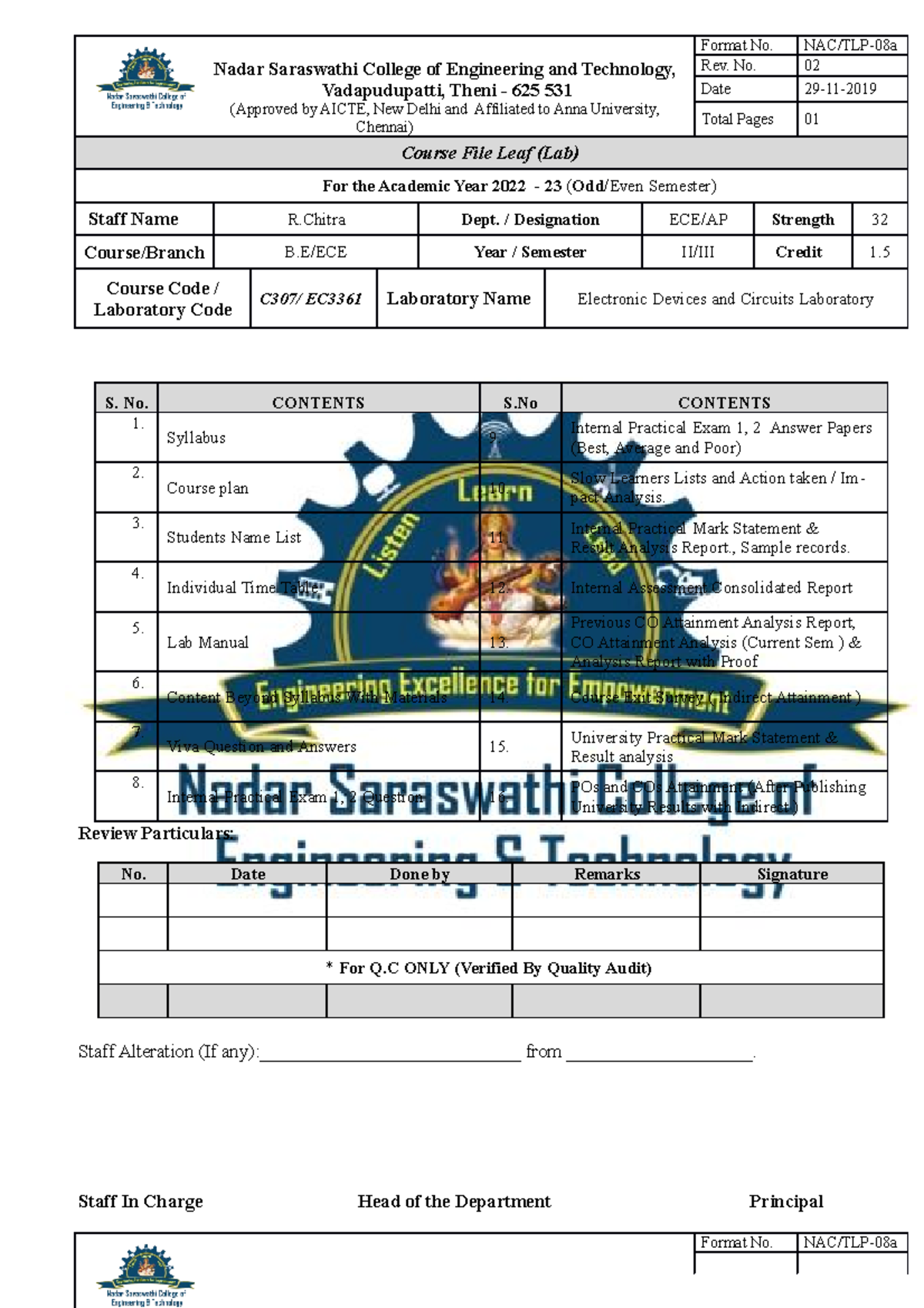 Electronics lab course plan - Nadar Saraswathi College of Engineering ...