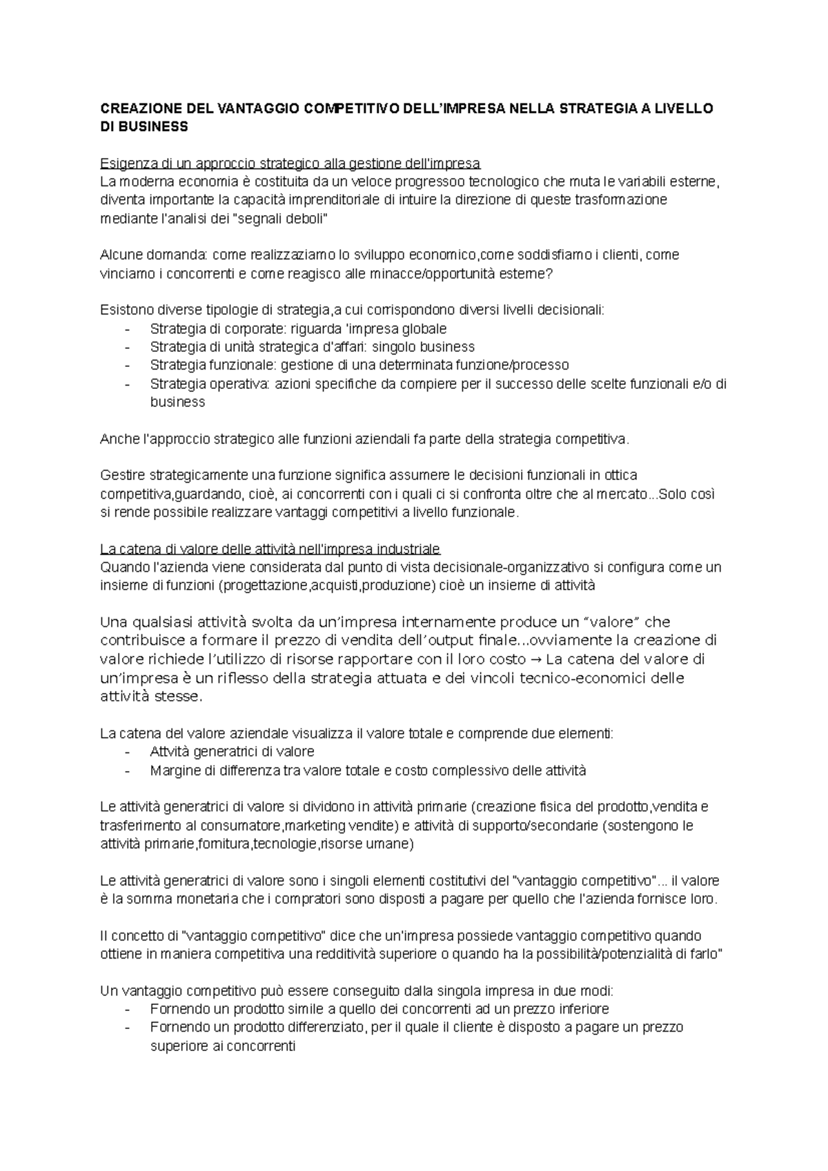 CREAZIONE DEL VANTAGGIO COMPETITIVO DELL’IMPRESA NELLA STRATEGIA A ...