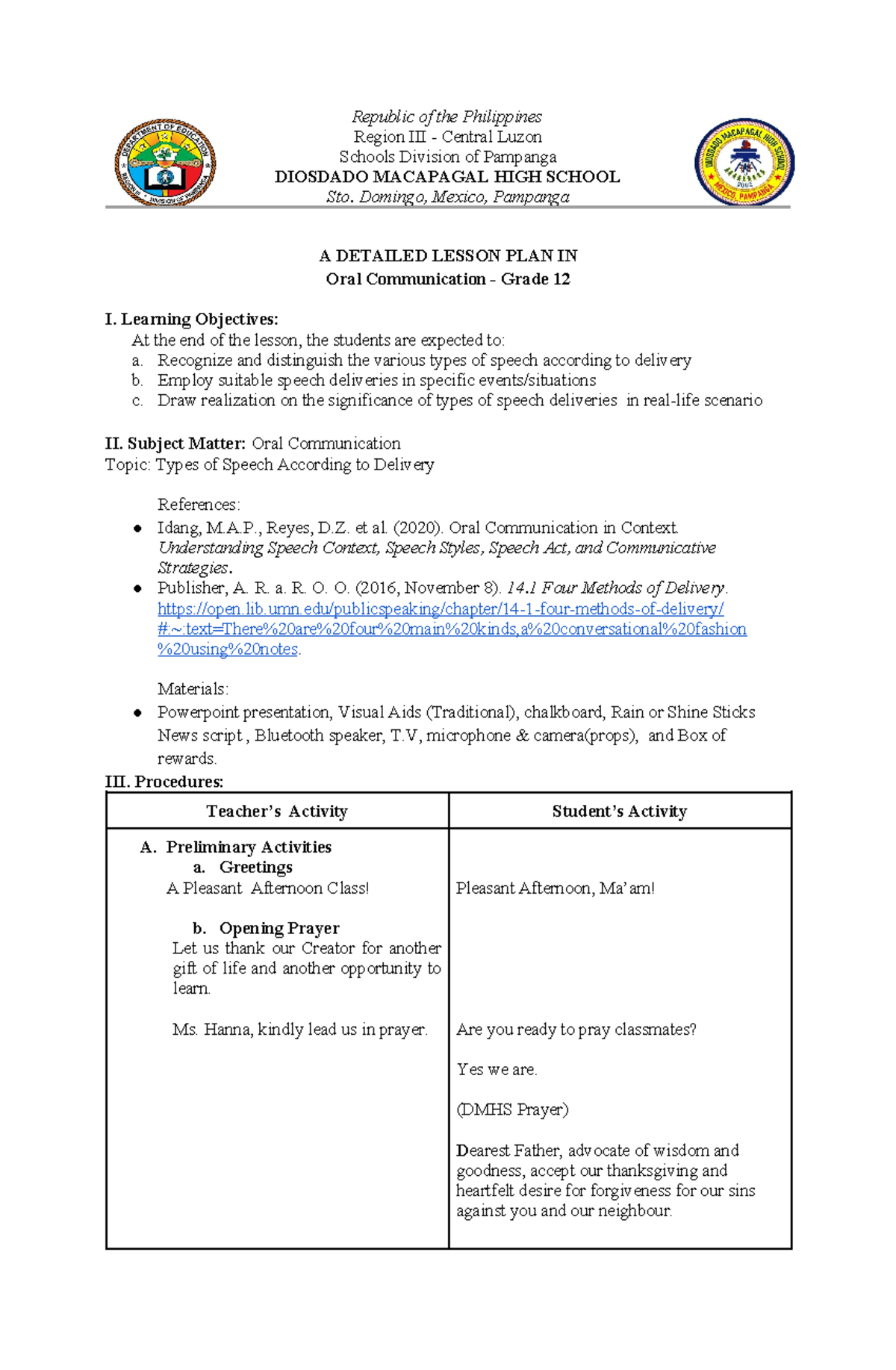 Detailed Lesson Plan (Speech Delivery) - Republic of the Philippines ...
