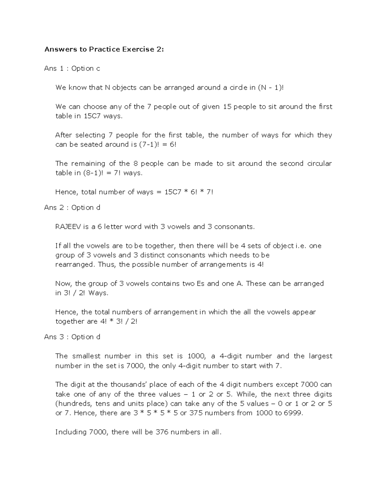 Answers Permutation and Combination 2 - Answers to Practice Exercise 2 ...