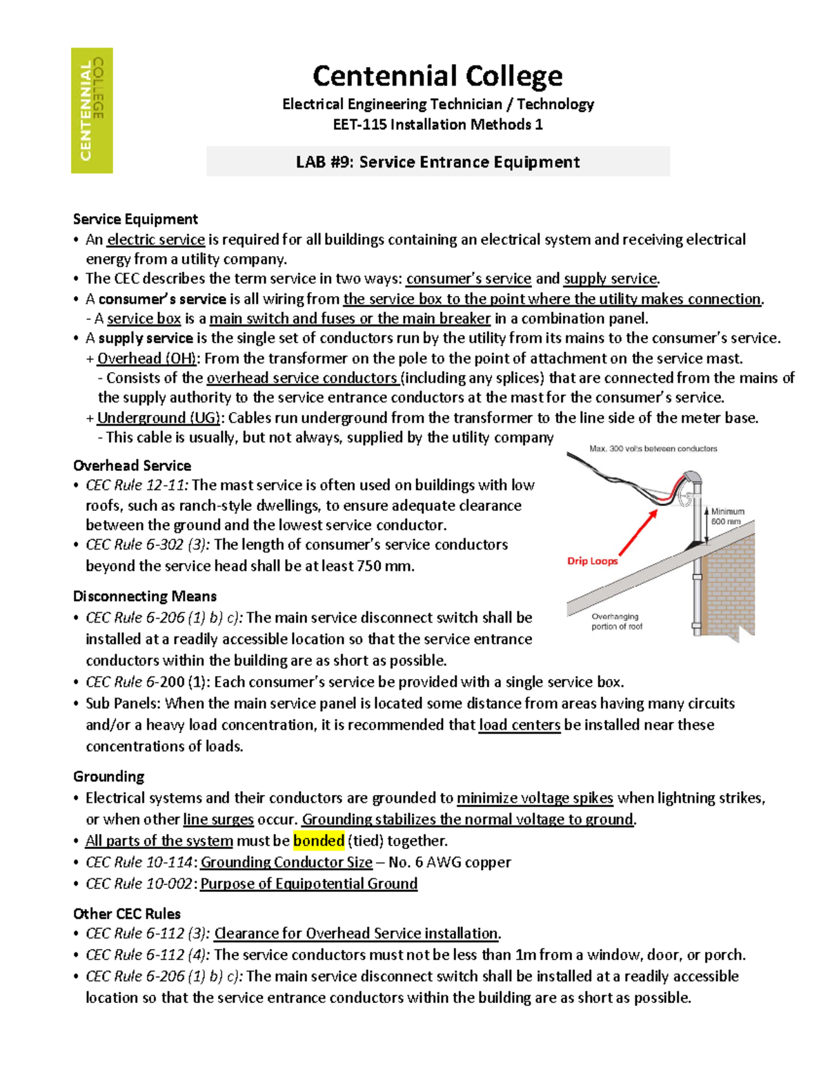 Lab 9 - Grounding & Service Mast1 - Centennial College Electrical Engineering Technician / - Studocu