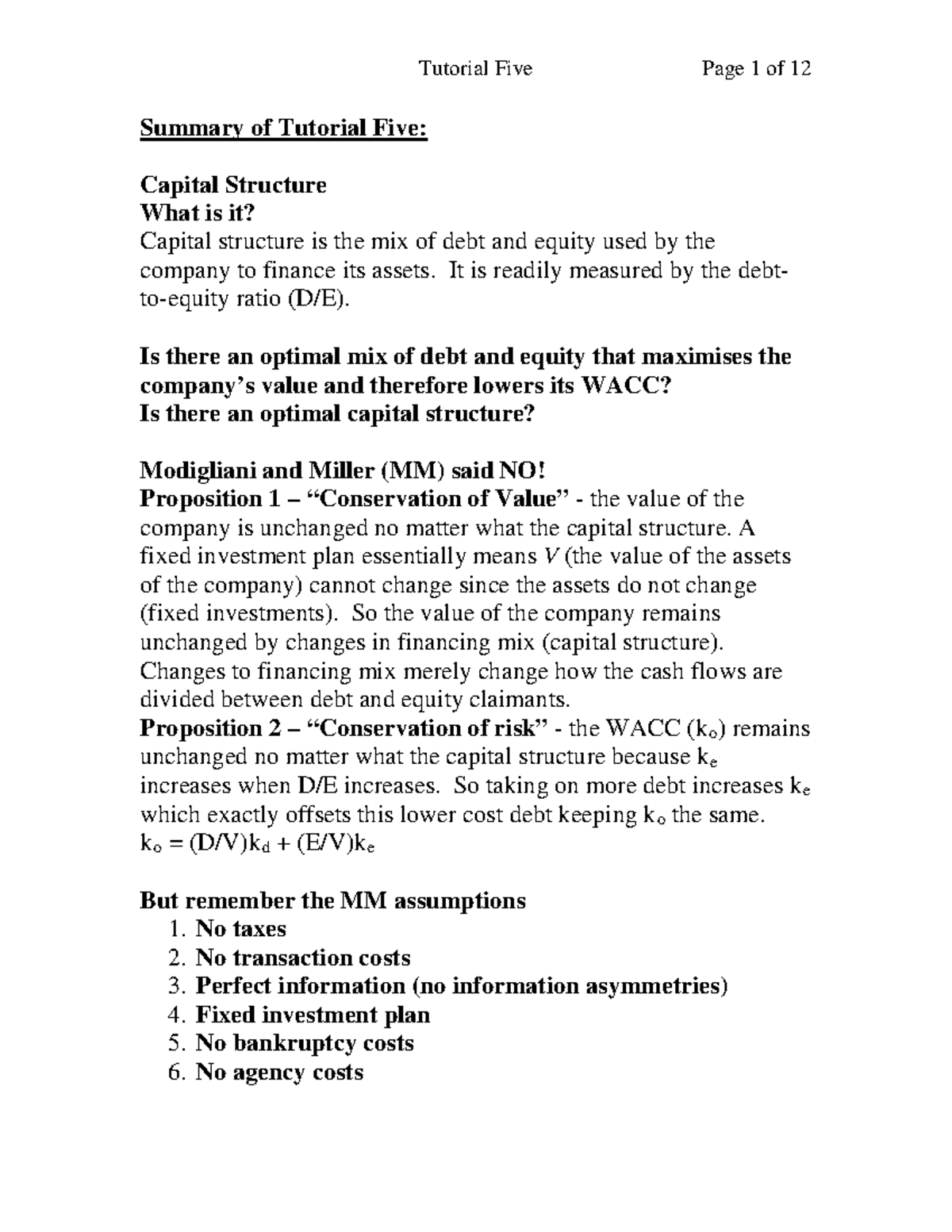 Corp Fin Tutorial 5 Q&A - Summer Semester - Summary of Tutorial Five ...