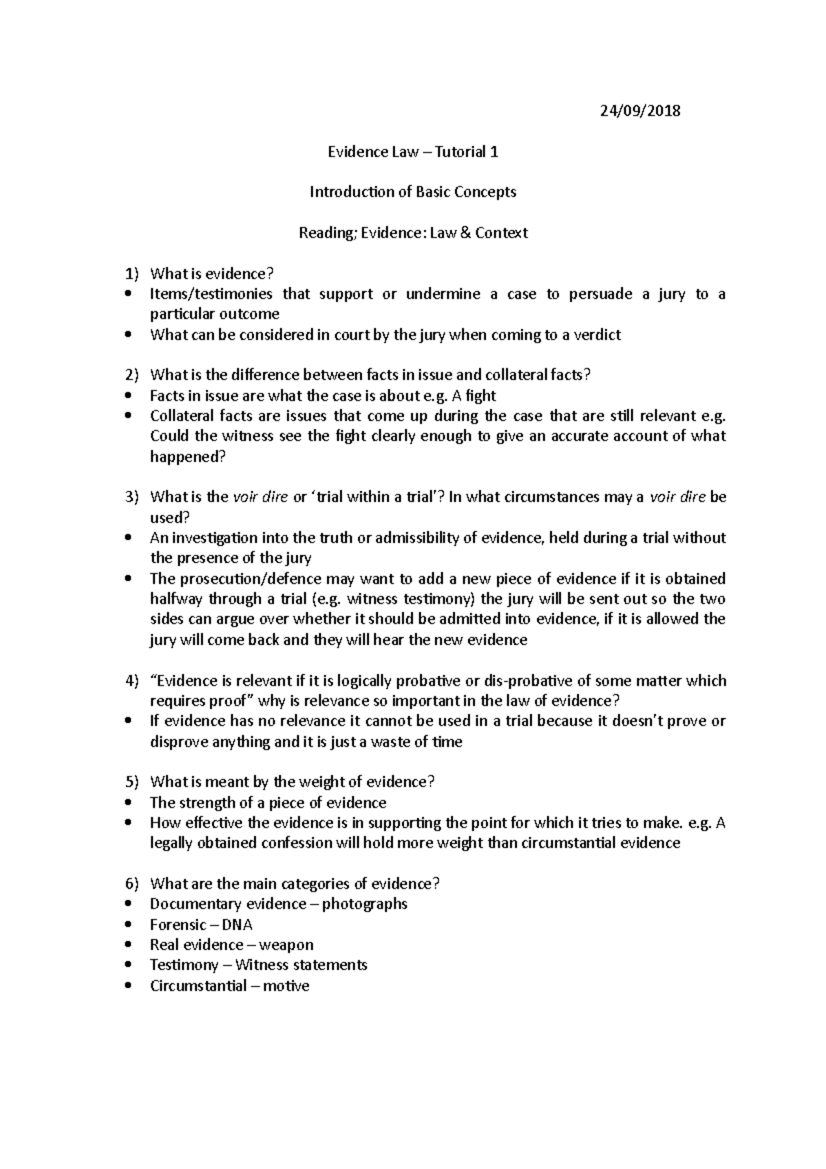 Evidence Law - Tutorial One - Evidence Law Tutorial 1 Introduction of ...