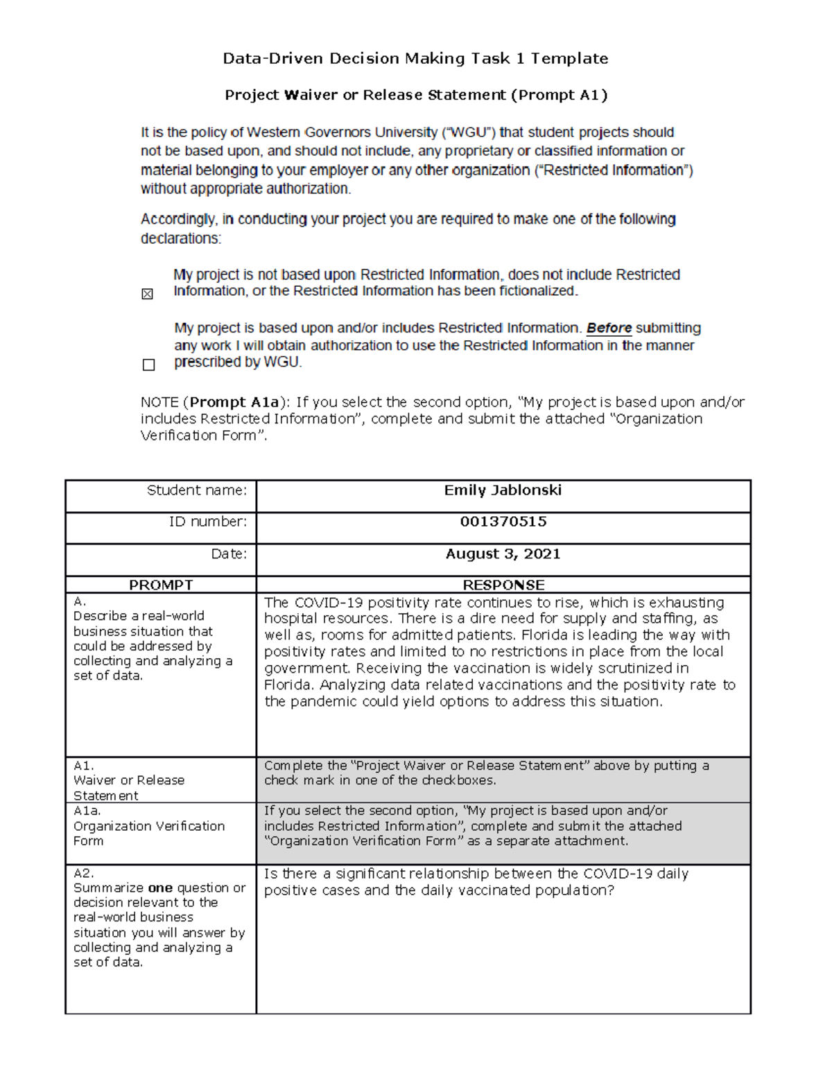 Task 1 Qum1 With Revisions Data Driven Decision Making Task 1 Template Project Waiver Or