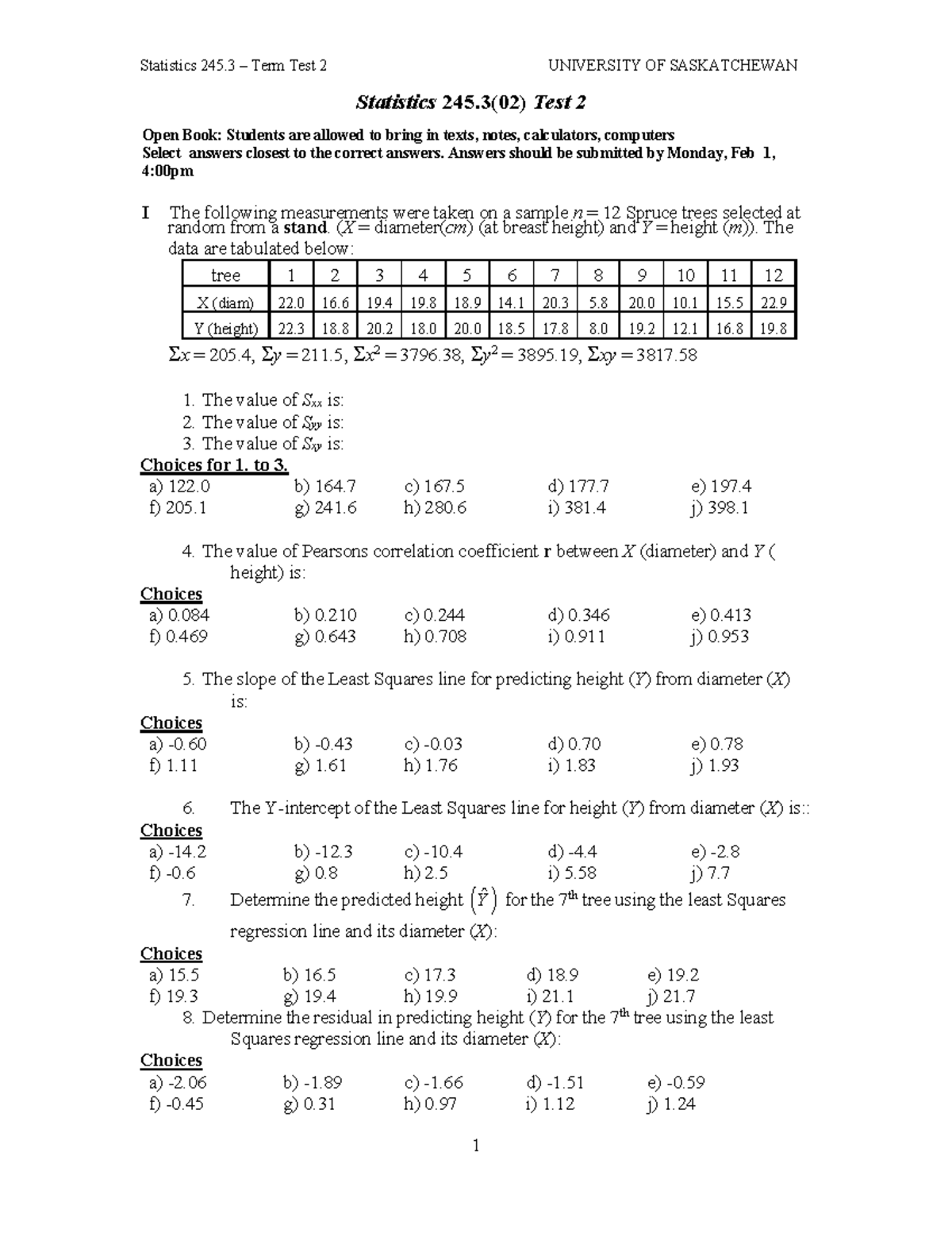 Test 2 Stat 245 - Test 2 Stat 245 - Statistics 24 5 .3 – Term Test 2 ...