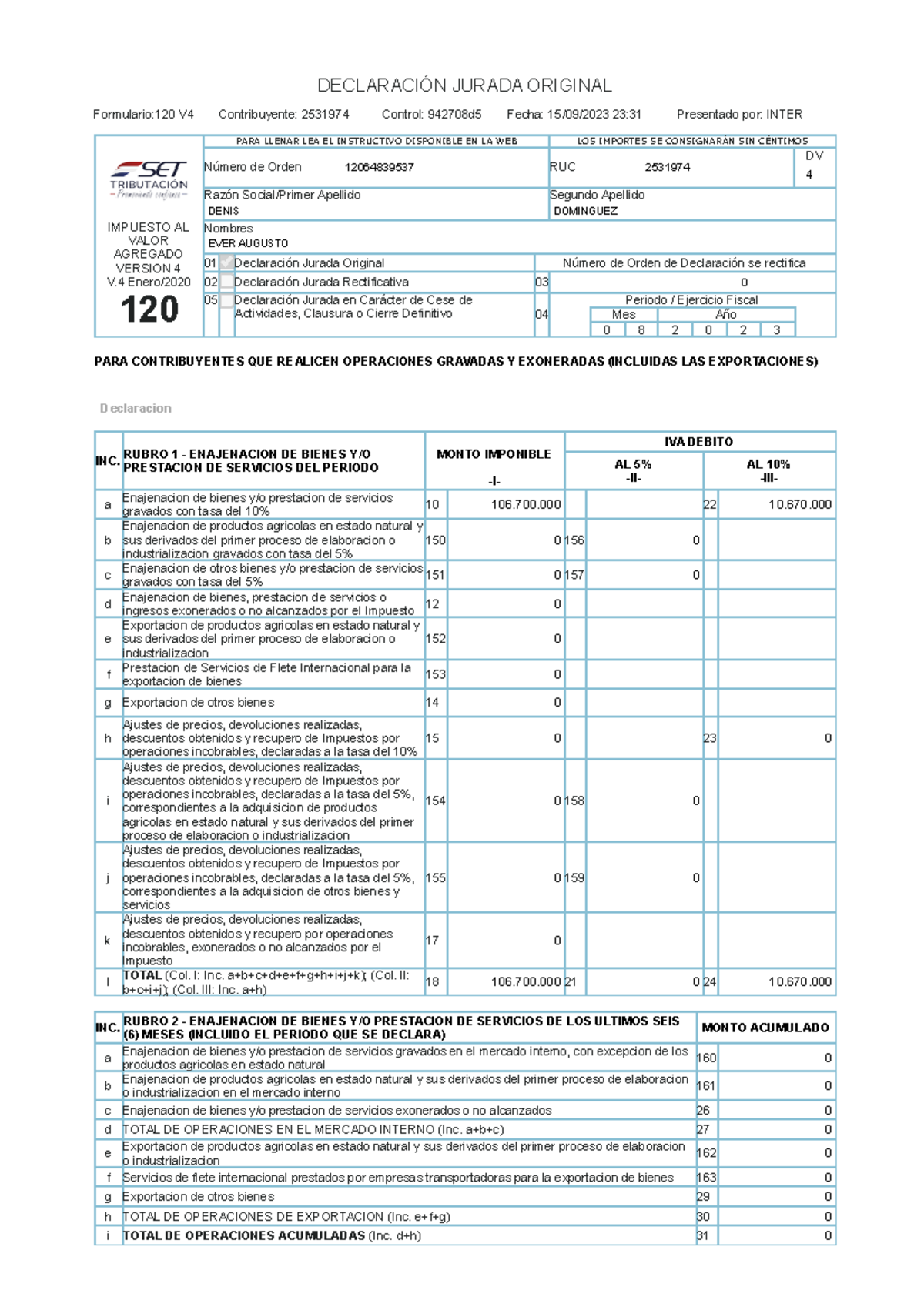 08-2023 - CONTABILIDAD - DECLARACIÓN JURADA ORIGINAL Formulario:120 V4 ...