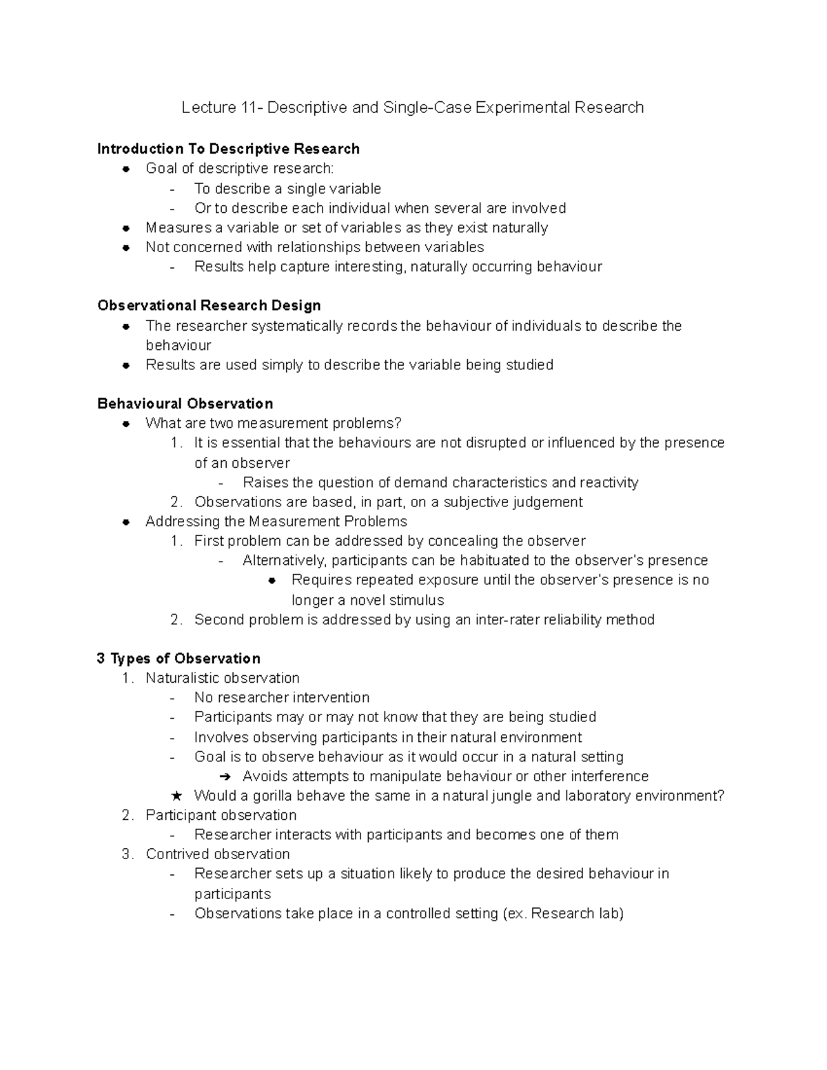 Lecture 11 Notes - Lecture 11- Descriptive and Single-Case Experimental ...