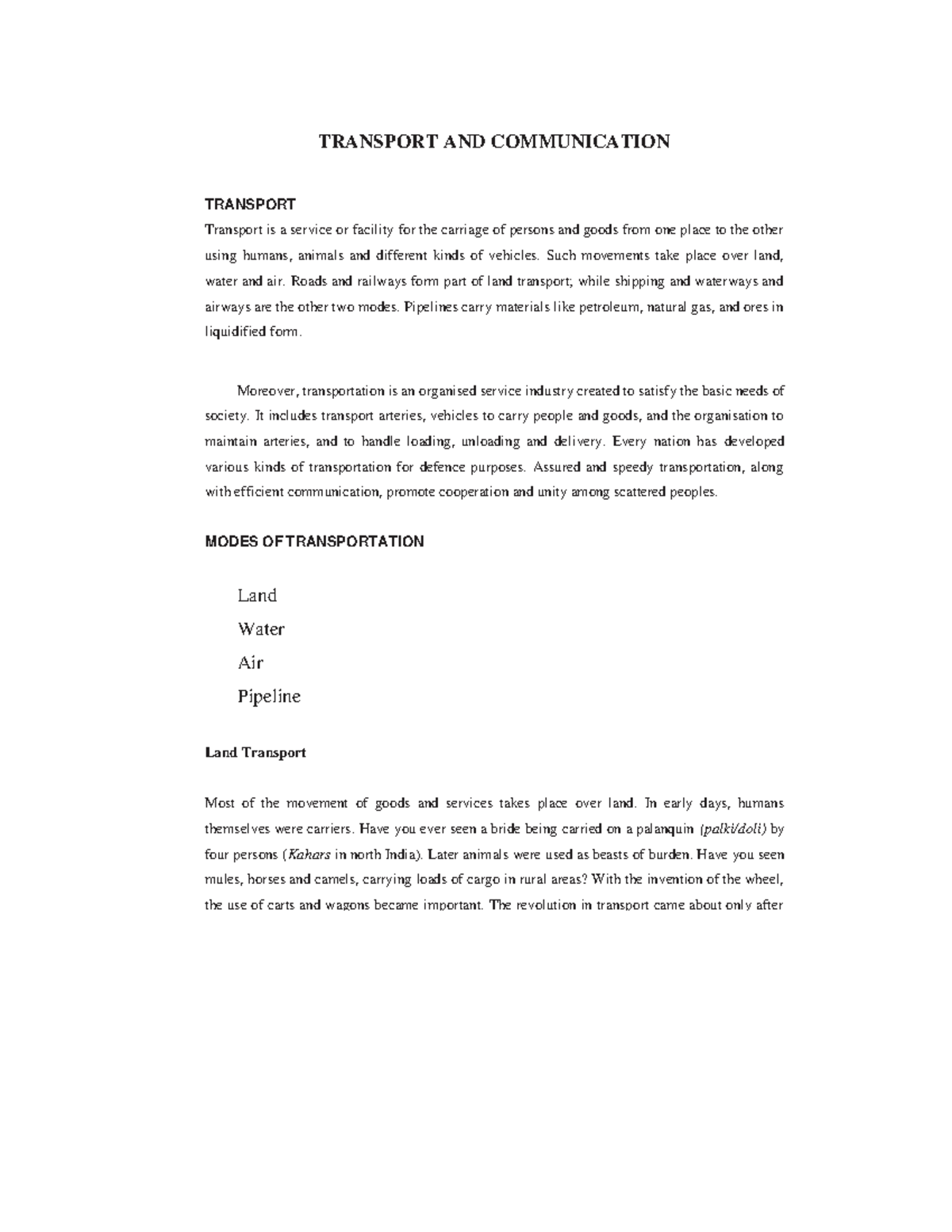 Note about Transport & Communications - CHAPTER- TRANSPORT AND ...