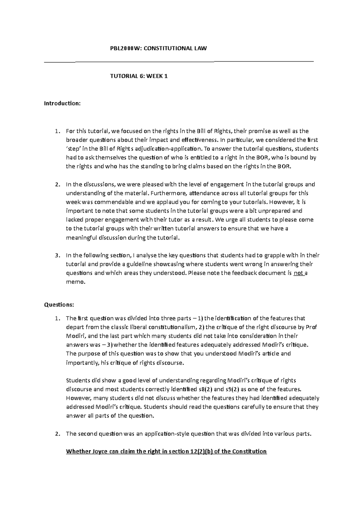 Feedback Document FOR Tutorial 6 - PBL2000W: CONSTITUTIONAL LAW ...