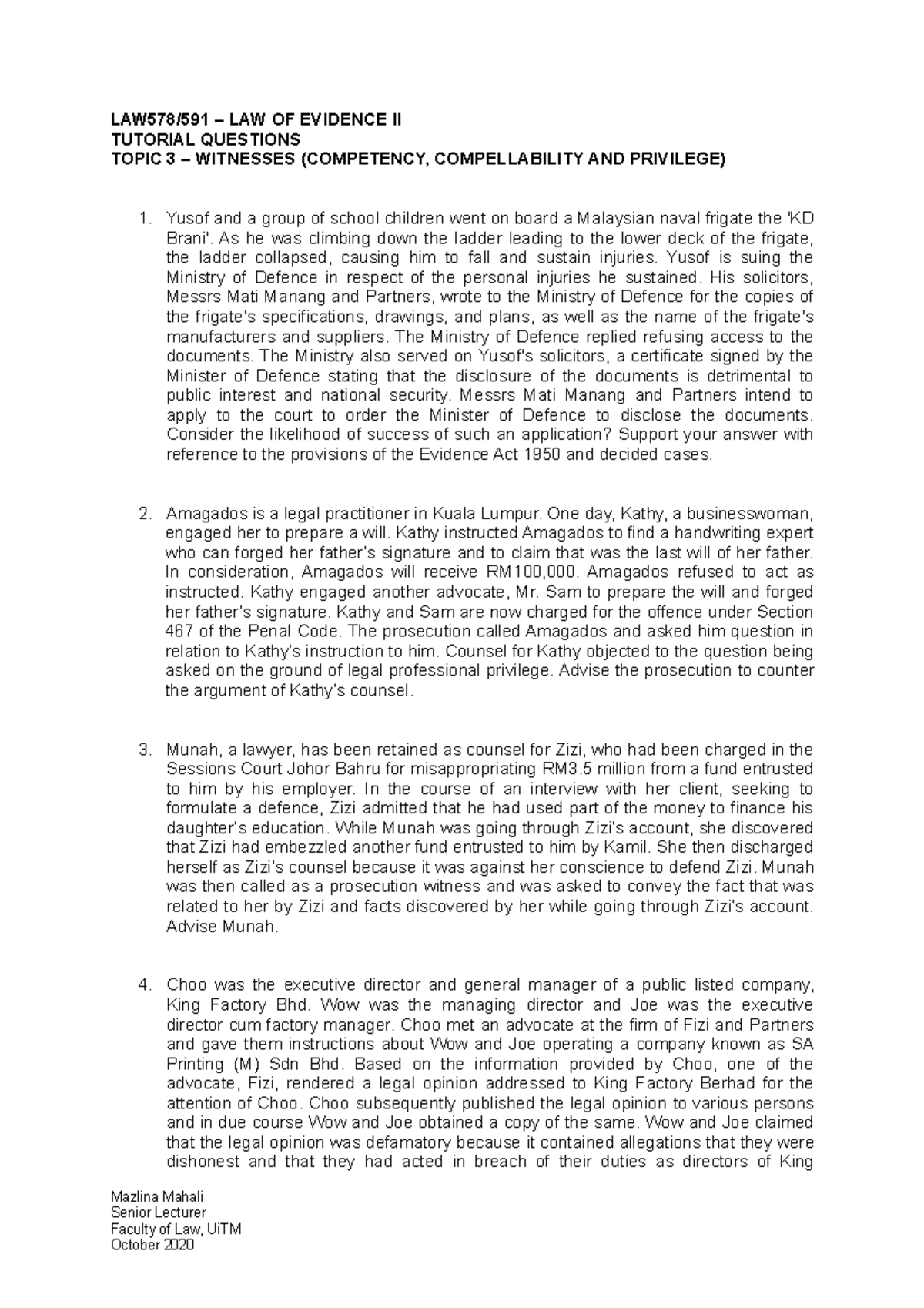 Tutorial Question - Competency and Compellability - LAW578/591 – LAW OF ...