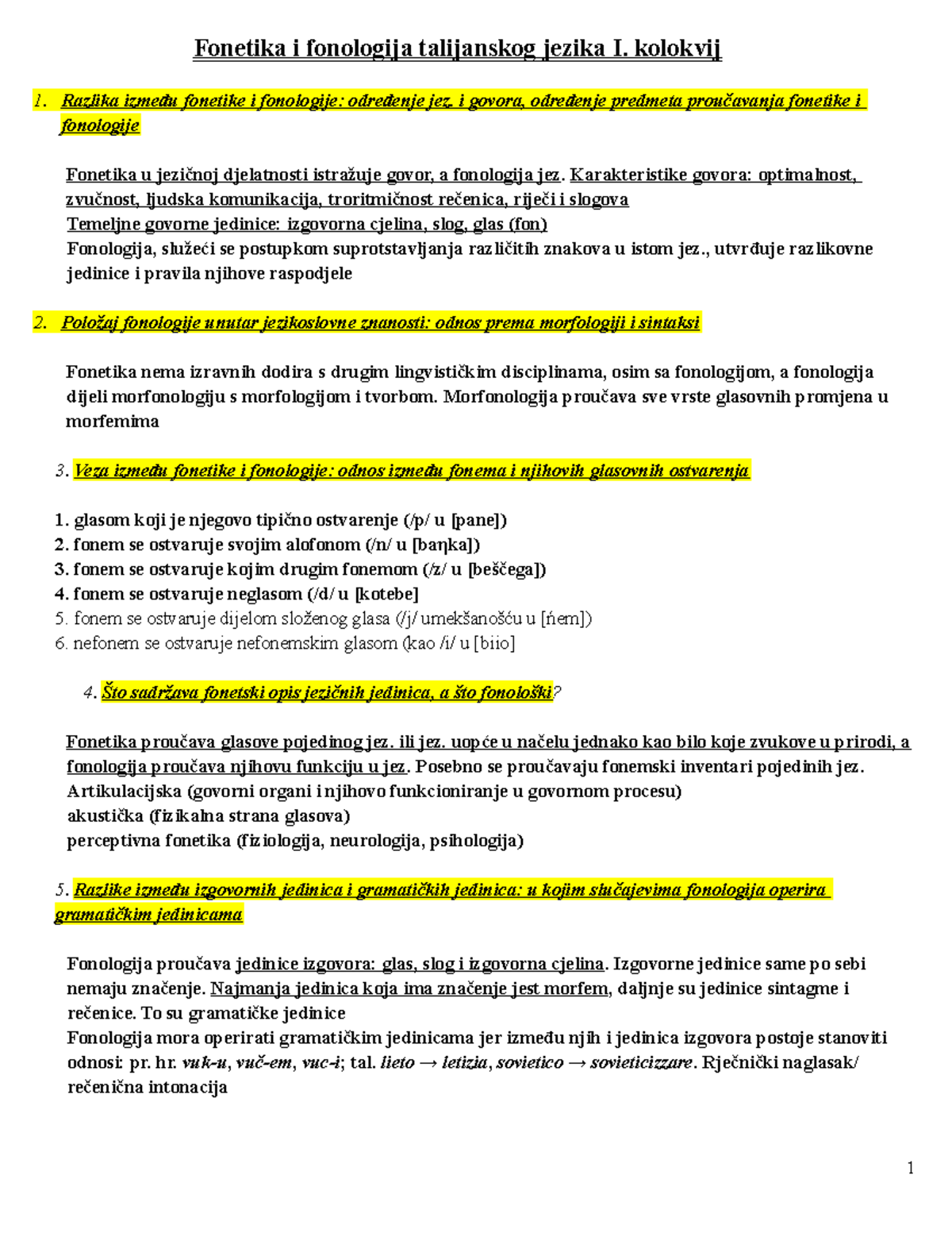 Kolokvij I - Summary Fonetika I Fonologija Talijanskog Jezika ...