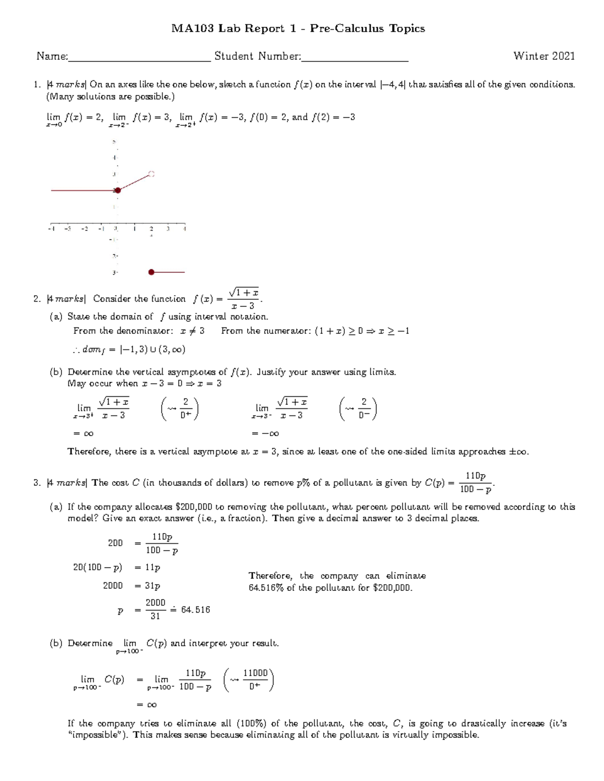 MA103Lab1 answers 2020 - MA103 Lab Report 1 - Pre-Calculus Topics Name ...
