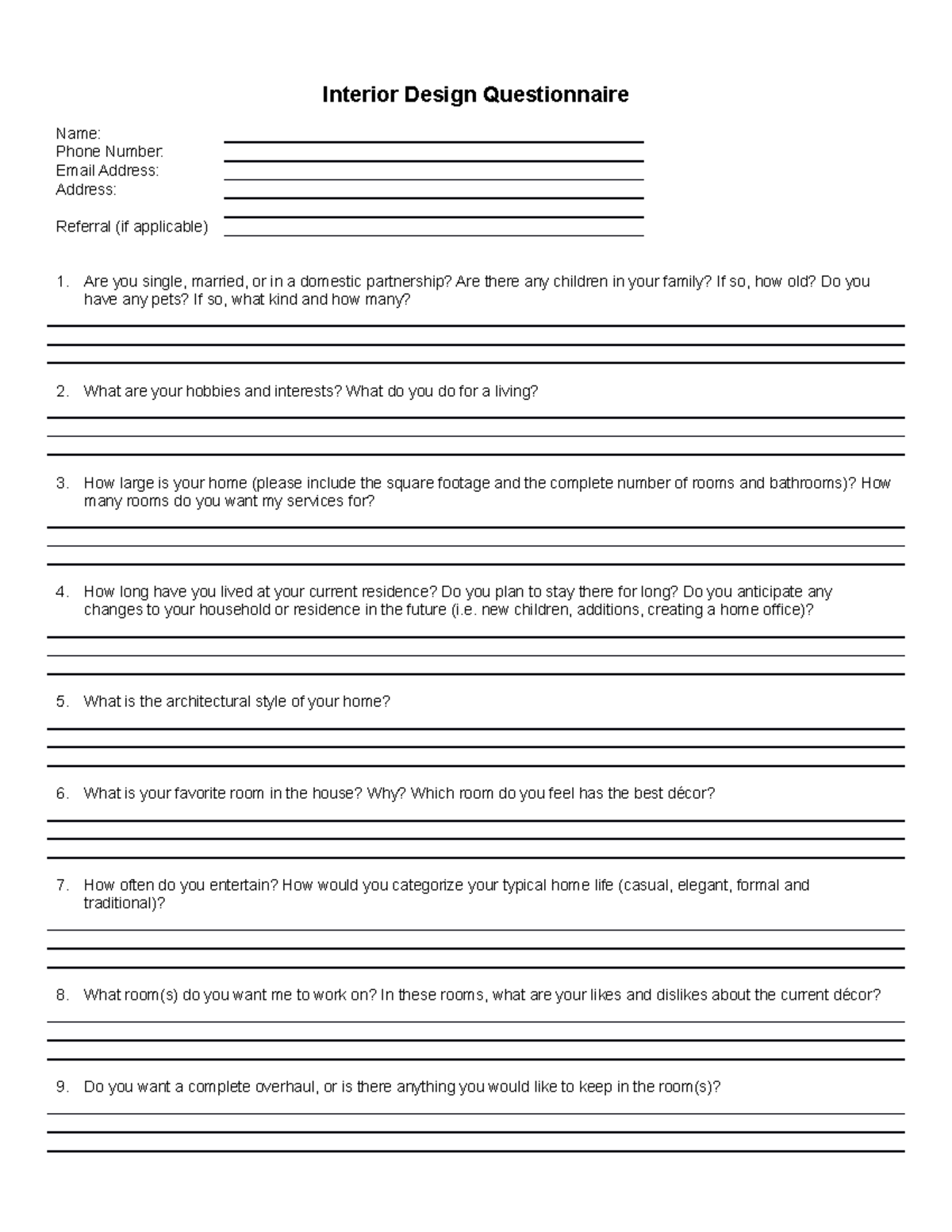 Interior-Design-Questionnaire - Interior Design Questionnaire Name ...