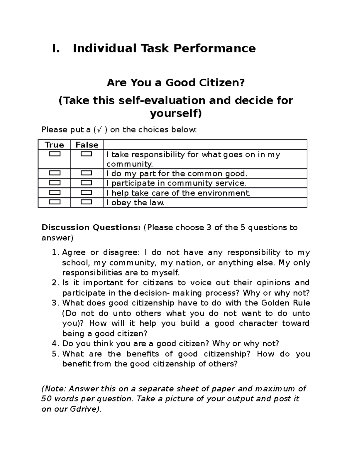 Activities for Good Citizen Training Module - I. Individual Task ...