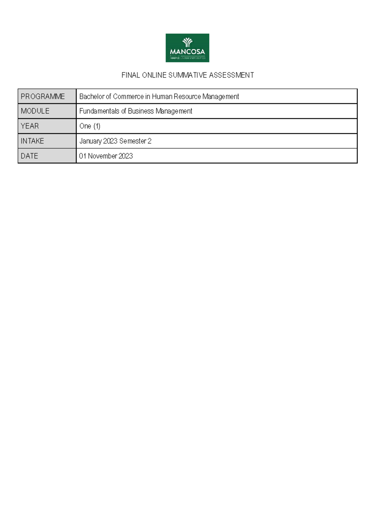 Fundamentals of Business Management Final OSA - FINAL ONLINE SUMMATIVE ...
