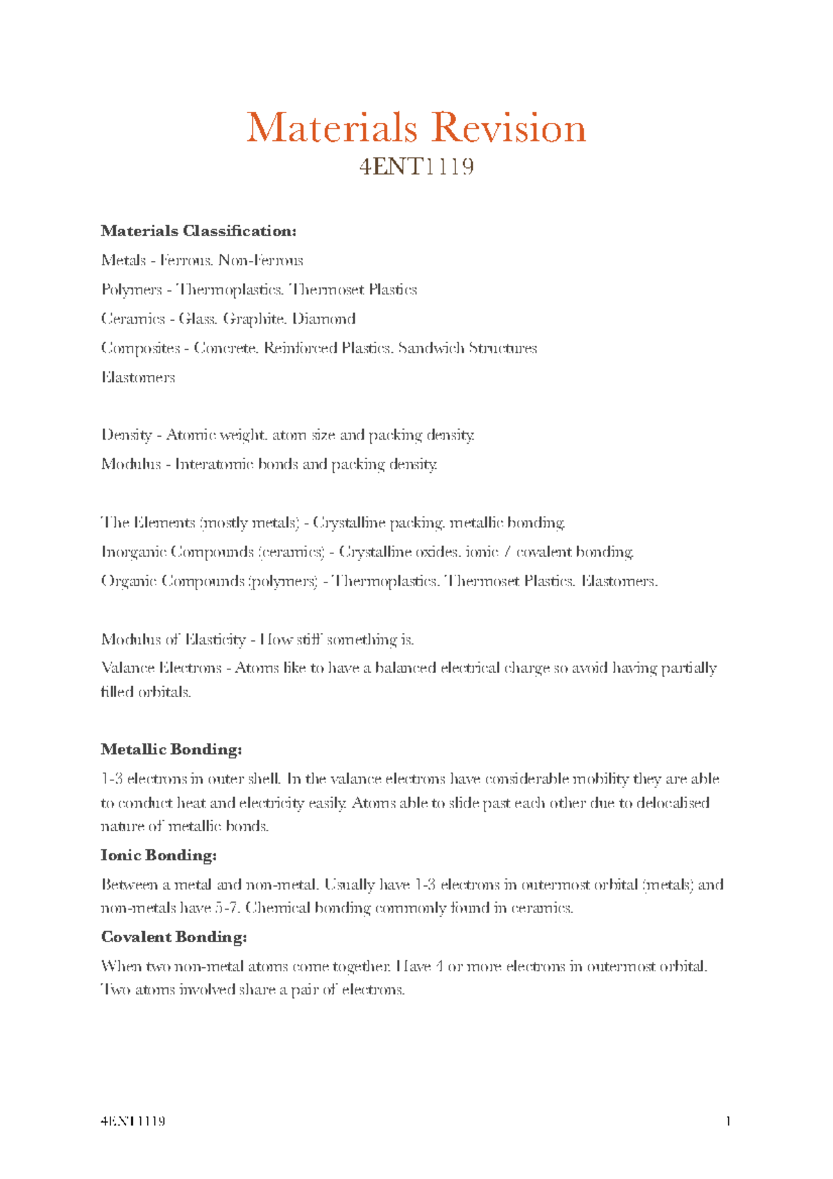 Materials Revision - Materials Revision 4ENT Materials Classification ...