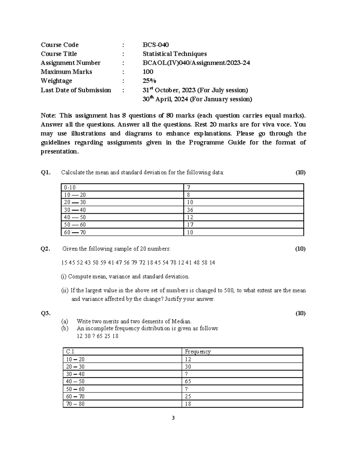 BCS-040 - Assignment - 3 Course Code : BCS- Course Title : Statistical Techniques Assignment ...
