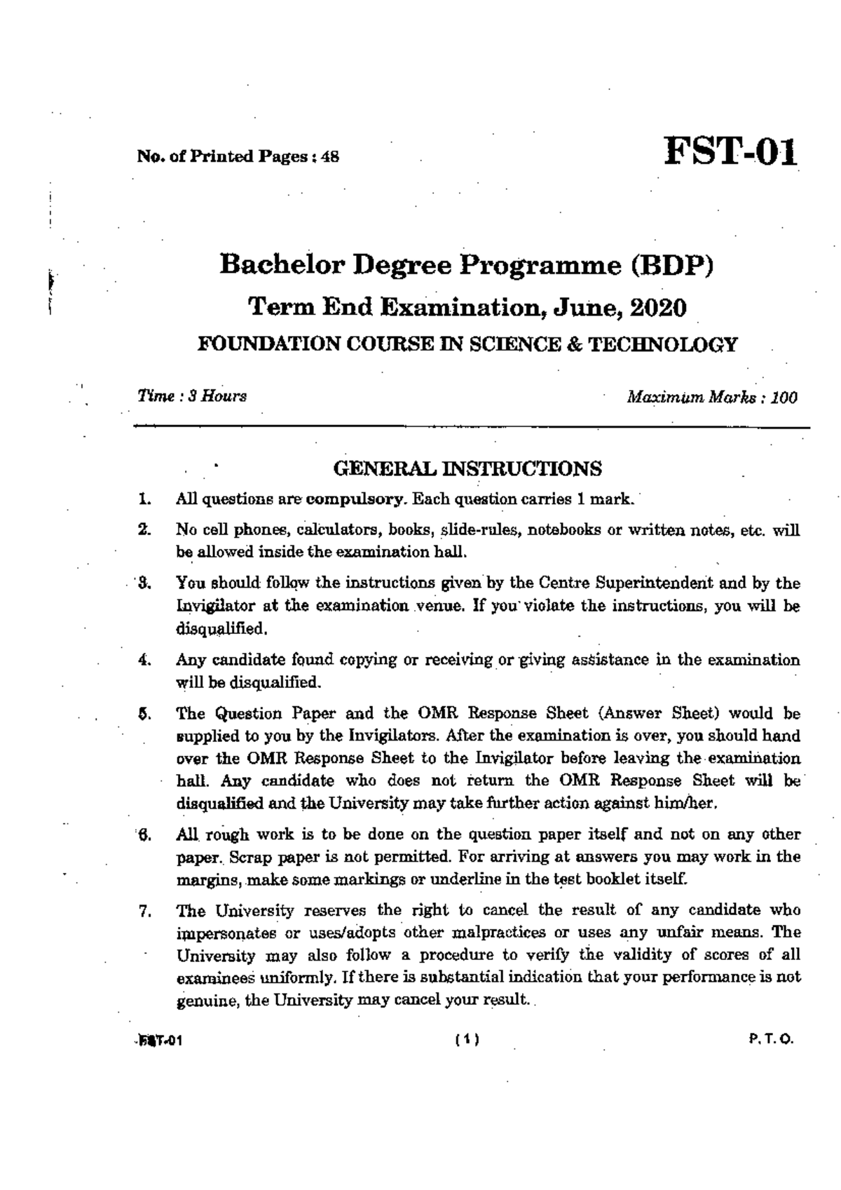FST-01 - Fst - No. of Printed Pages ; 48 FST- Bachelor Degree Programme (BDP) Term End ...