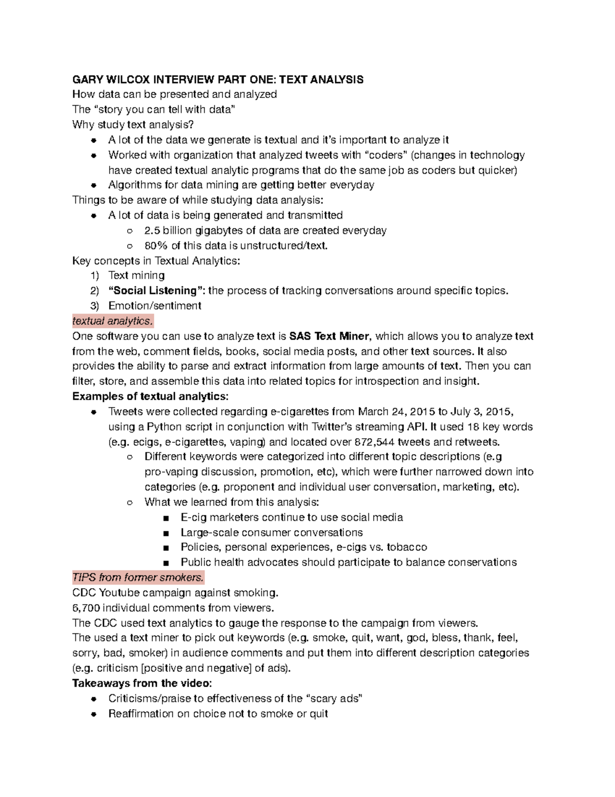 Unit two - Lecture notes 25-36 - GARY WILCOX INTERVIEW PART ONE: TEXT ...